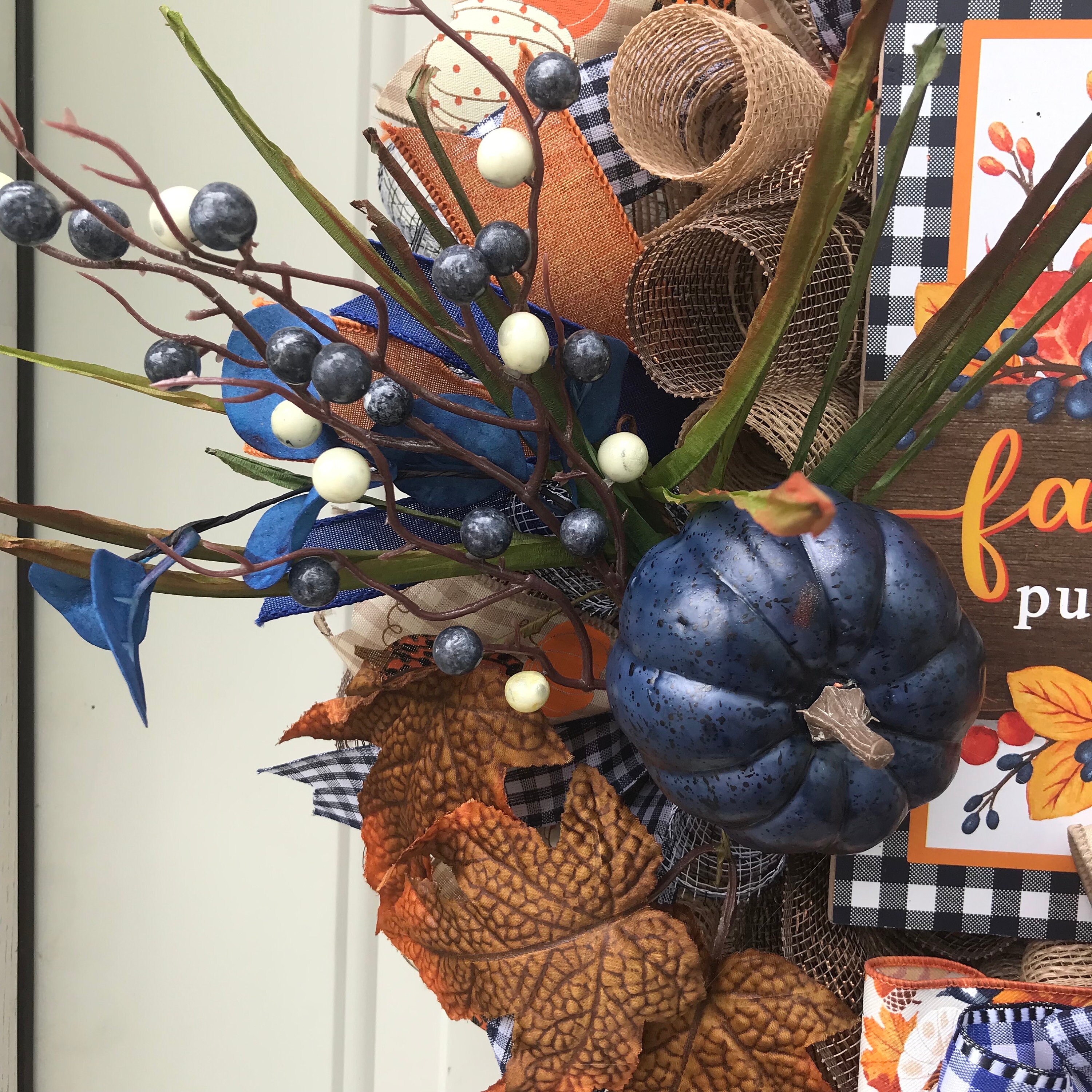 Orange and Blue Fall Wreath for Front Door Blue Fall Pumpkin - Etsy
