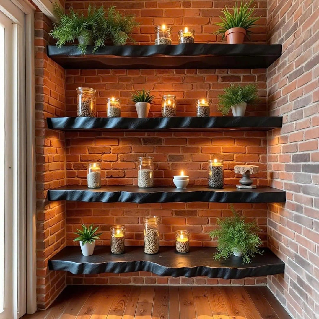 Bracketless Floating Shelves Live Edge Shelf Black Solid Wood Bookcase ...