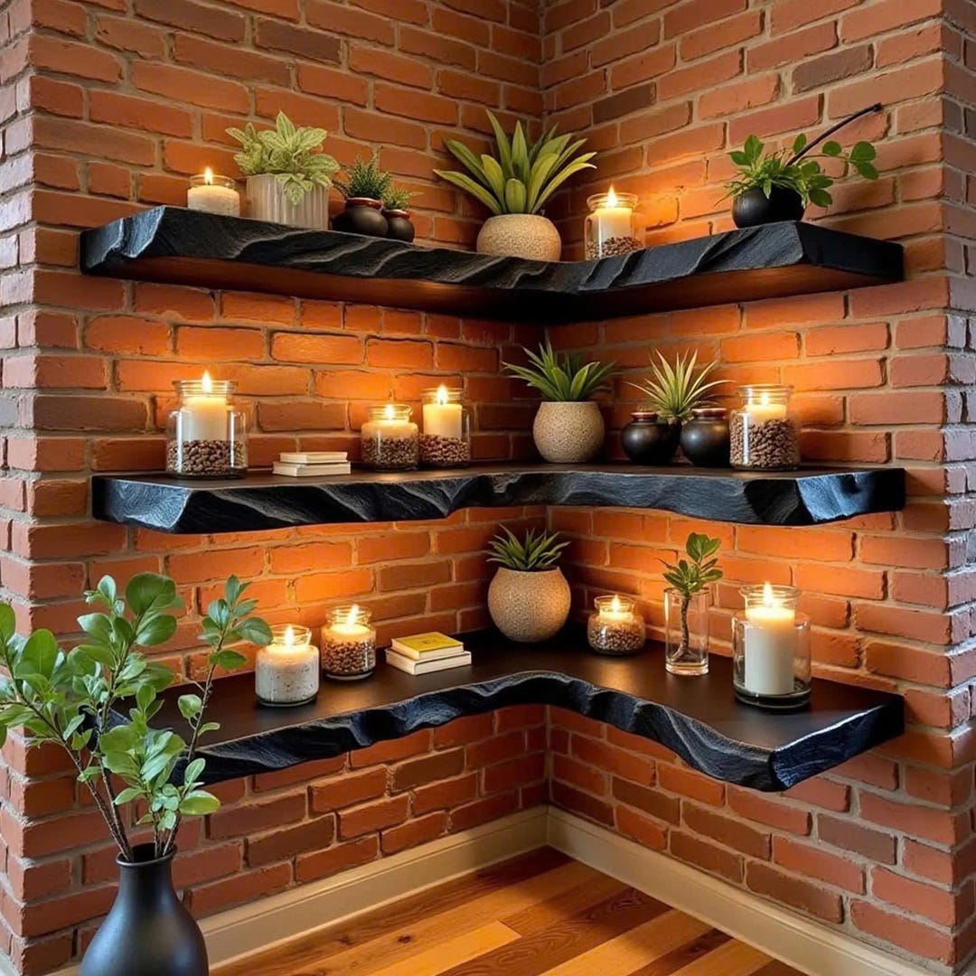 Black Live Edge Corner Floating Shelf Solid Wood Shelves on Wall ...