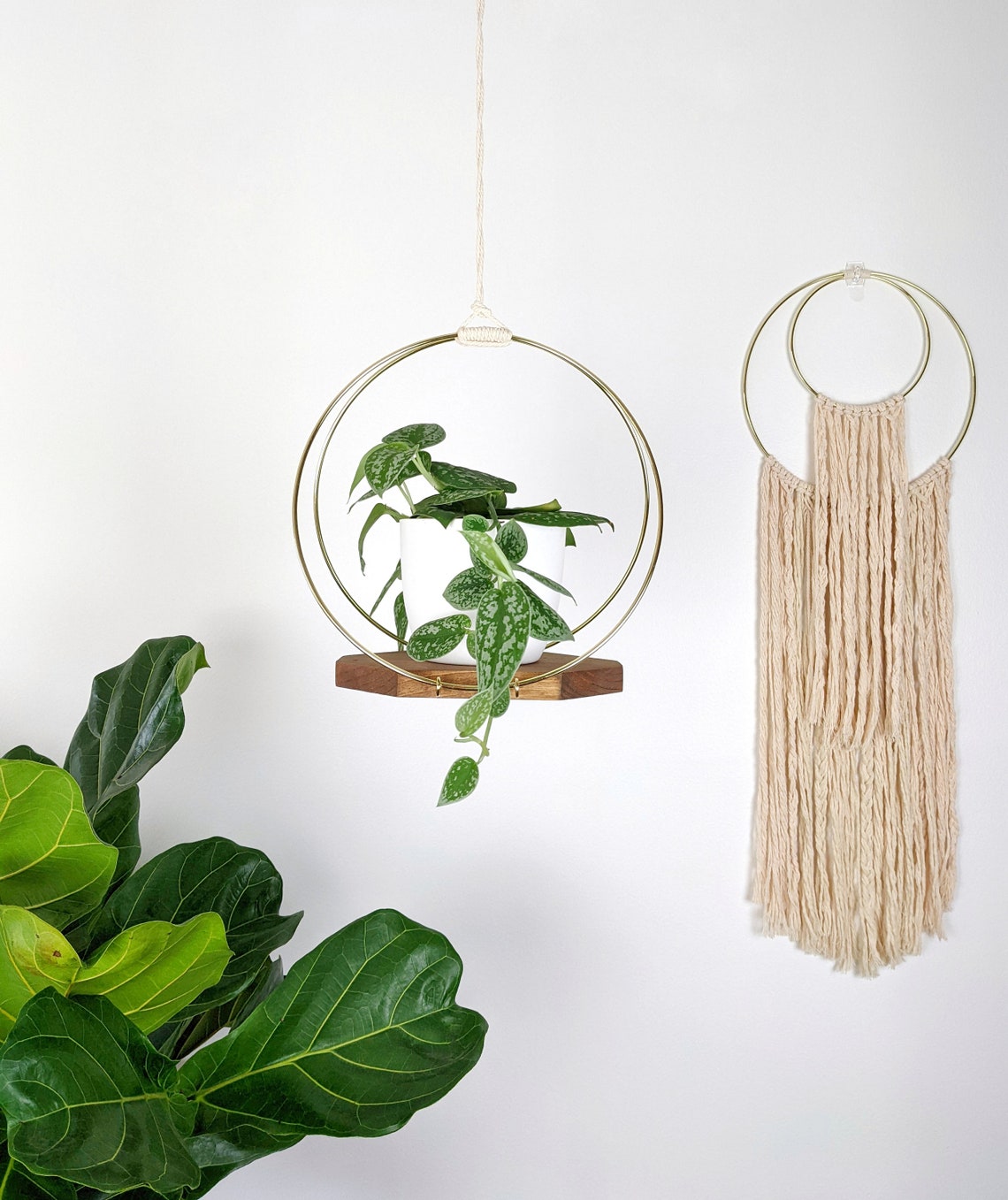 Modern Wooden Plant Hanger With Gold Hoops - Etsy