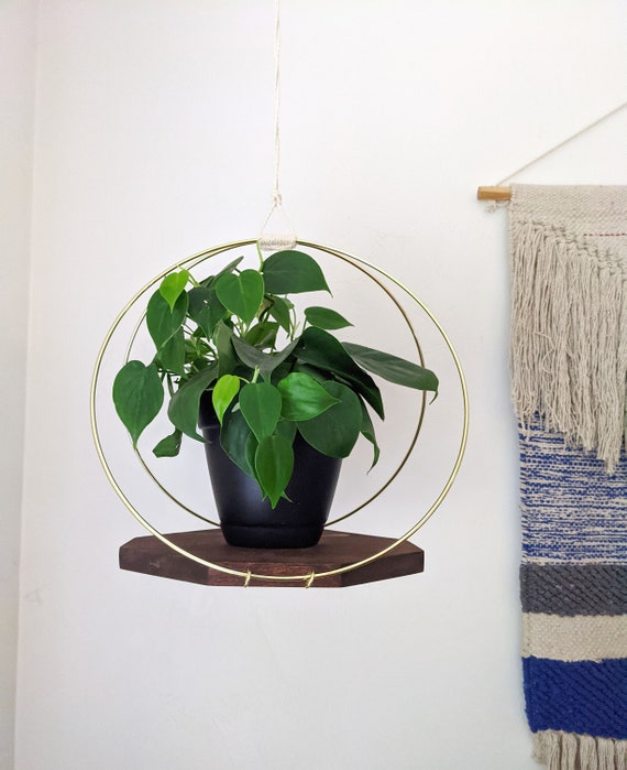 Large Plant Hanger with Wooden base and Gold Hoops | Etsy