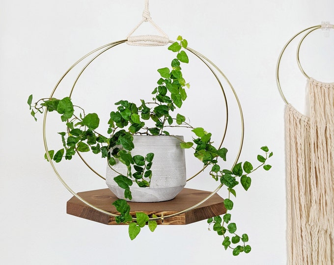Large Plant Hanger With Wooden Base and Gold Hoops - Etsy