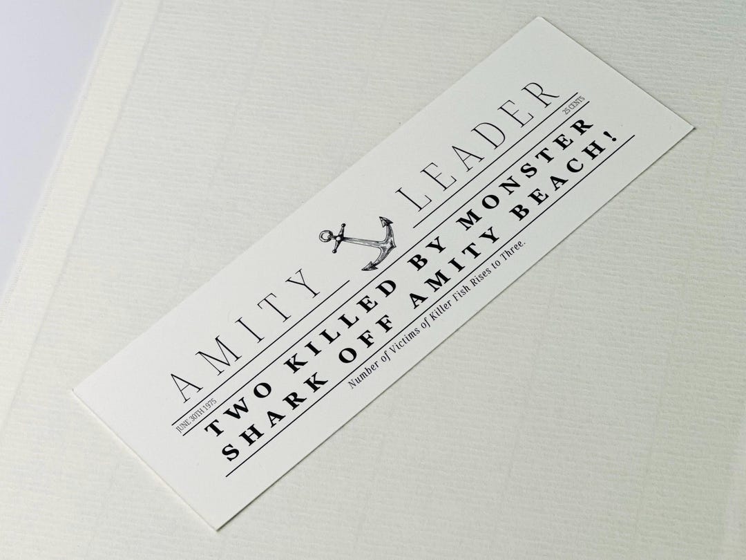Jaws Bookmark – Amity Leader Newspaper Headline, 1975 Horror Prop ...