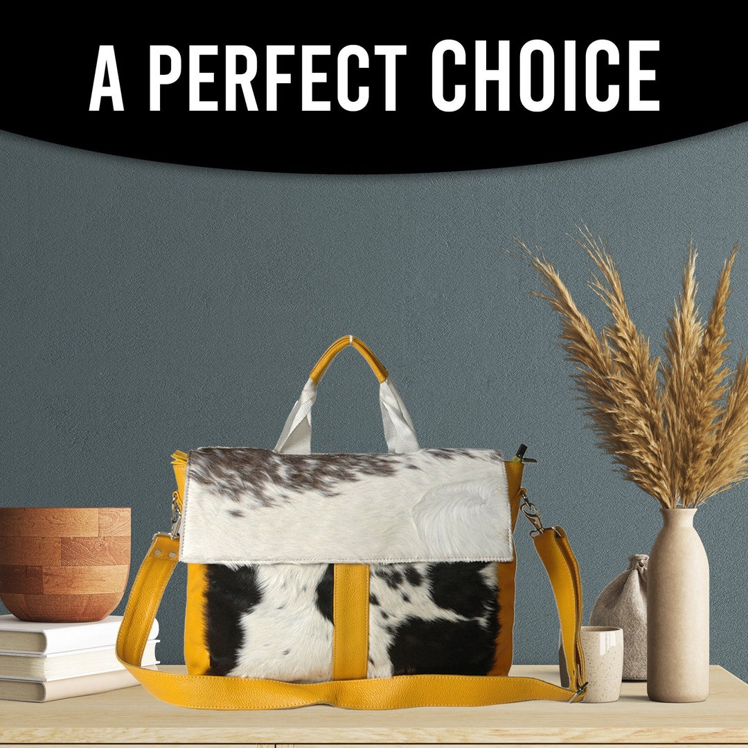 Premium Cowhide and Natural Hair Laptop Briefcase With Yellow Straps ...