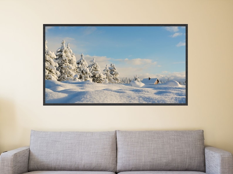 Samsung Frame TV Art, Winter Snow Cabin and Trees, Instant Digital ...