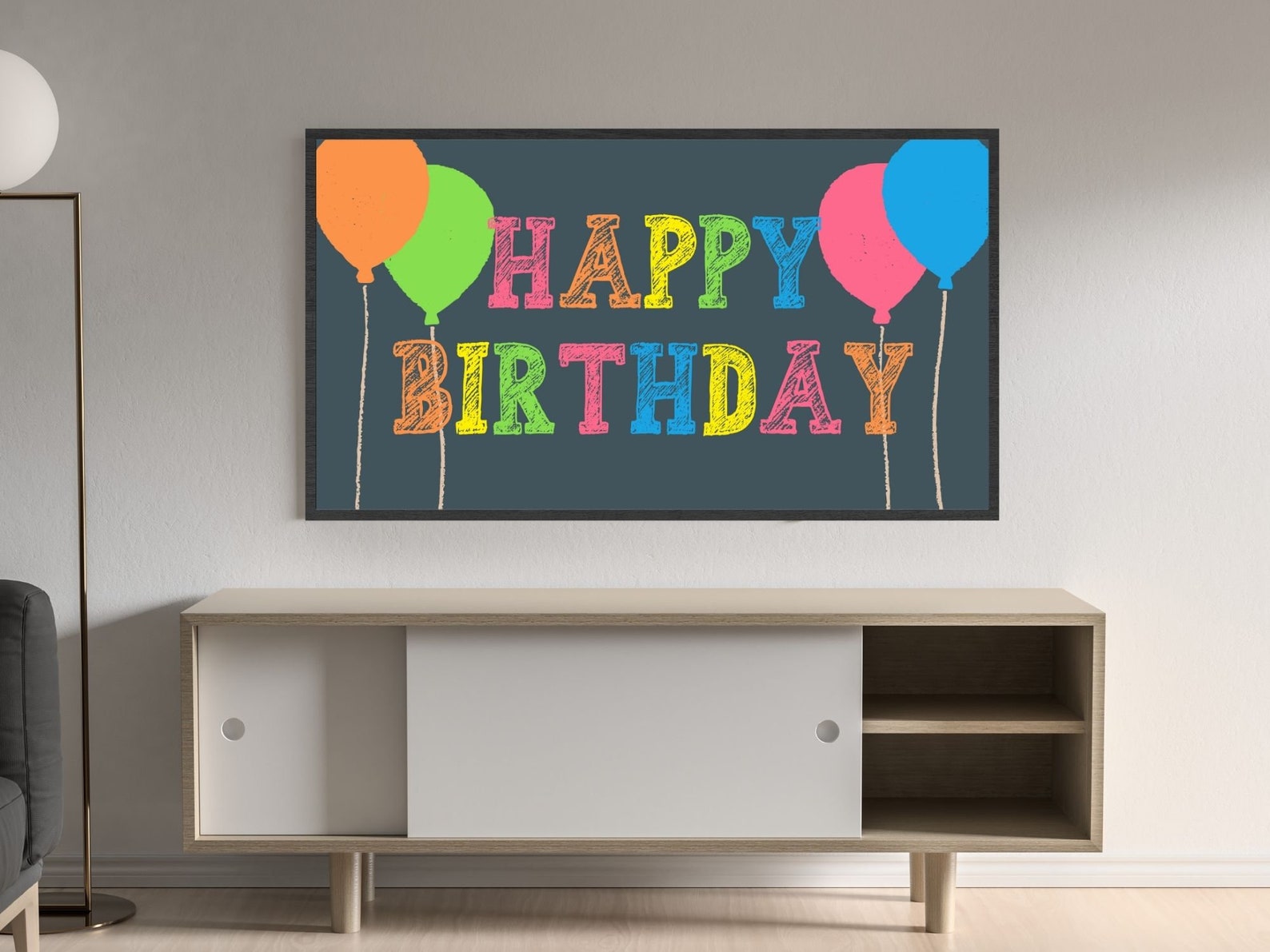 Samsung Frame TV Art, Happy Birthday, Colorful Chalk, Balloons, Rainbow ...