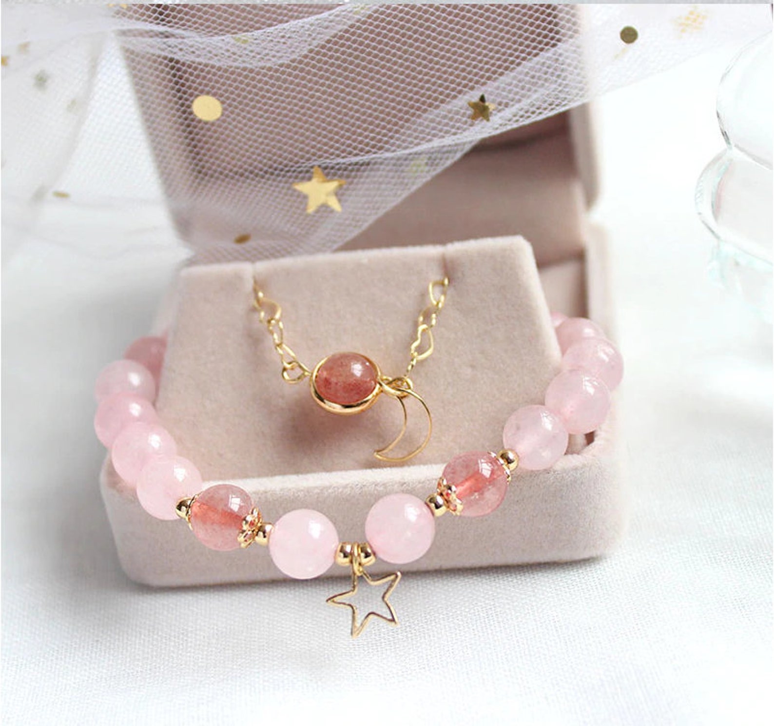 Pink Natural Stone Rose Quartz Star and Moon Charm Beaded Gold | Etsy