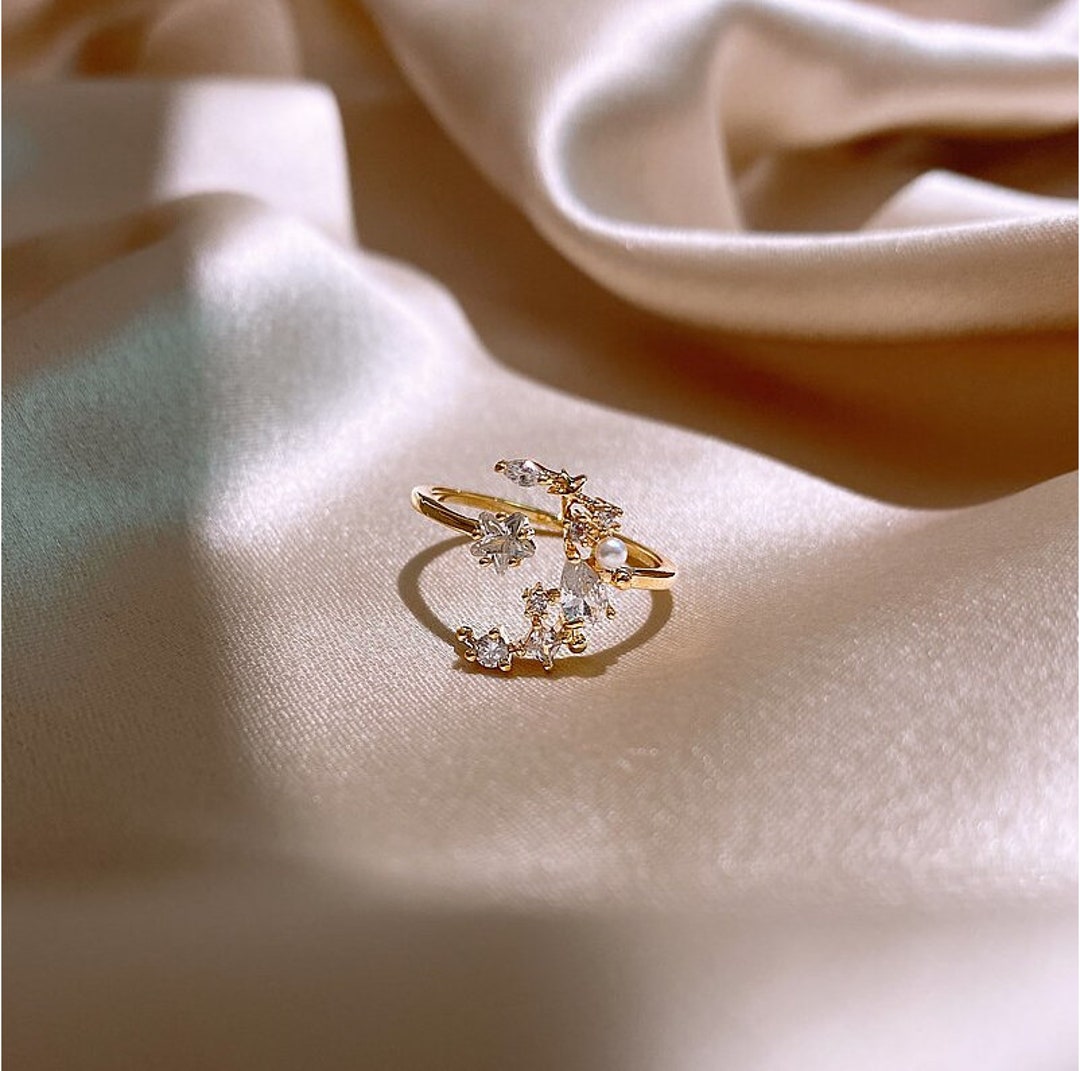 Crescent Moon Gemstone Gold Plated Ring, Gold Moon Star Ring, Celestial ...