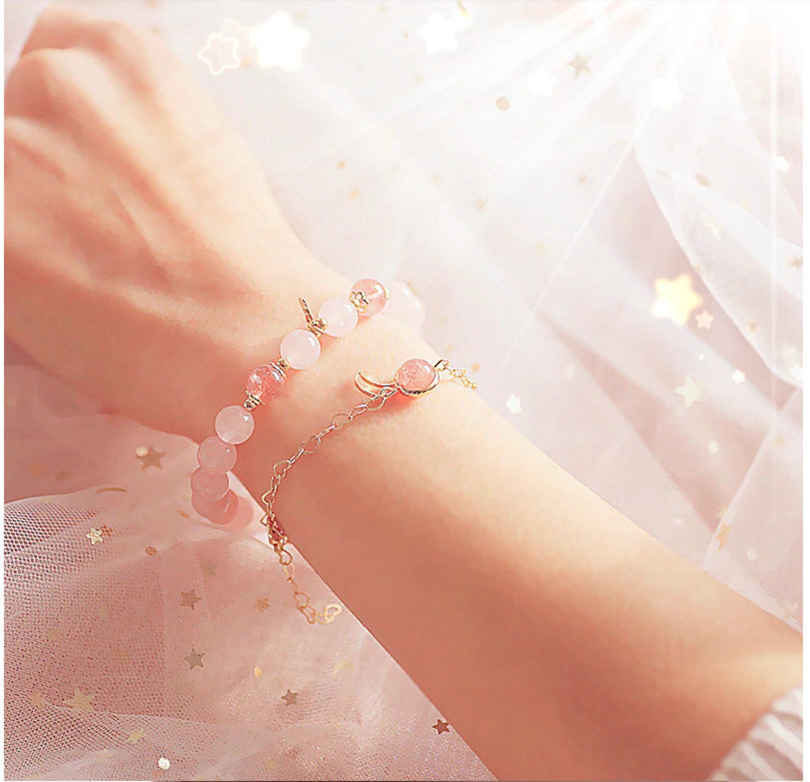 Pink Natural Stone Rose Quartz Star and Moon Charm Beaded Gold - Etsy