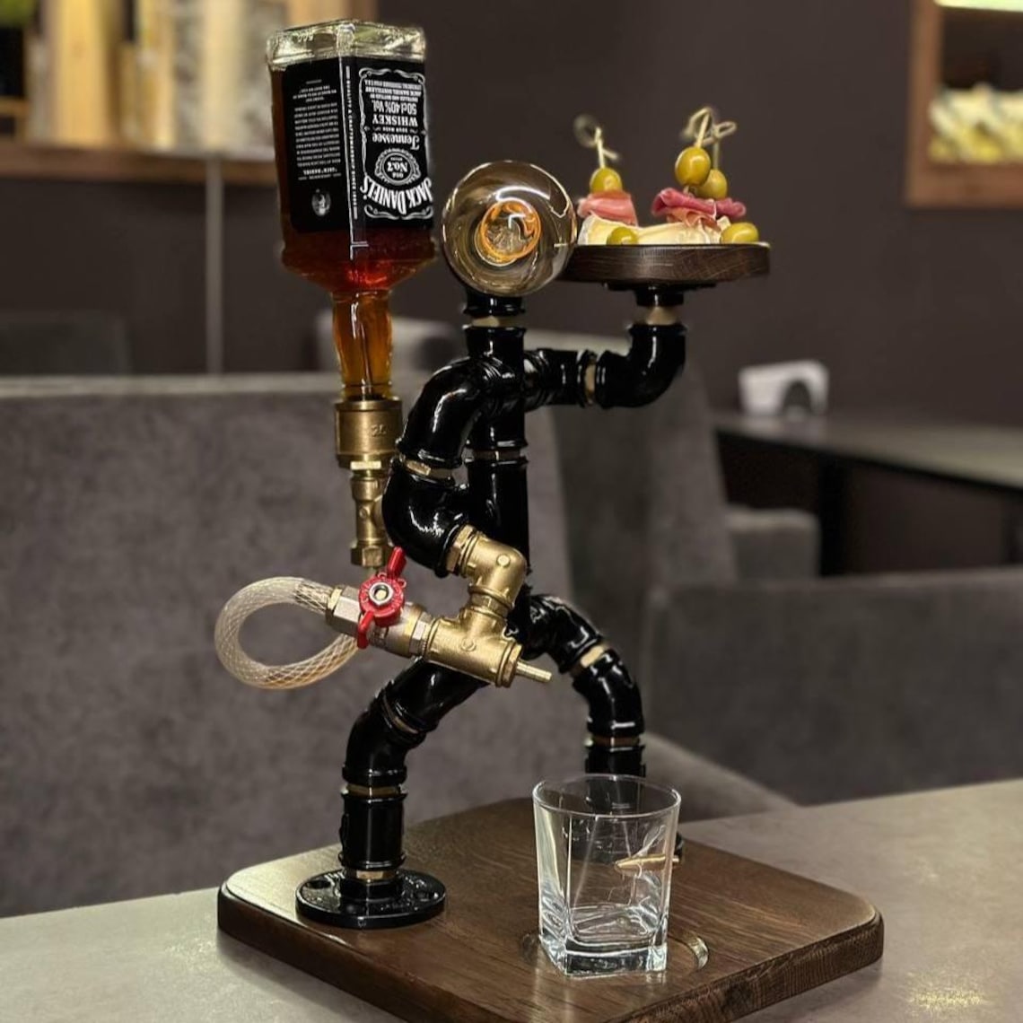 Metal Whiskey Dispenser With Edison Lamp and Serving Stand, Pouring ...