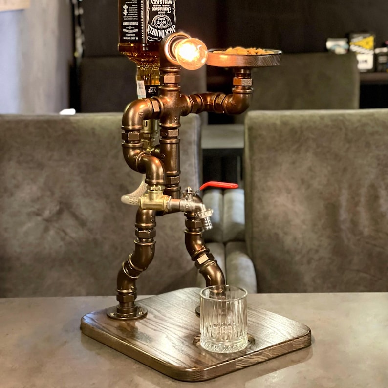 Metal Whiskey Dispenser With Edison Lamp and Serving Stand, Pouring ...