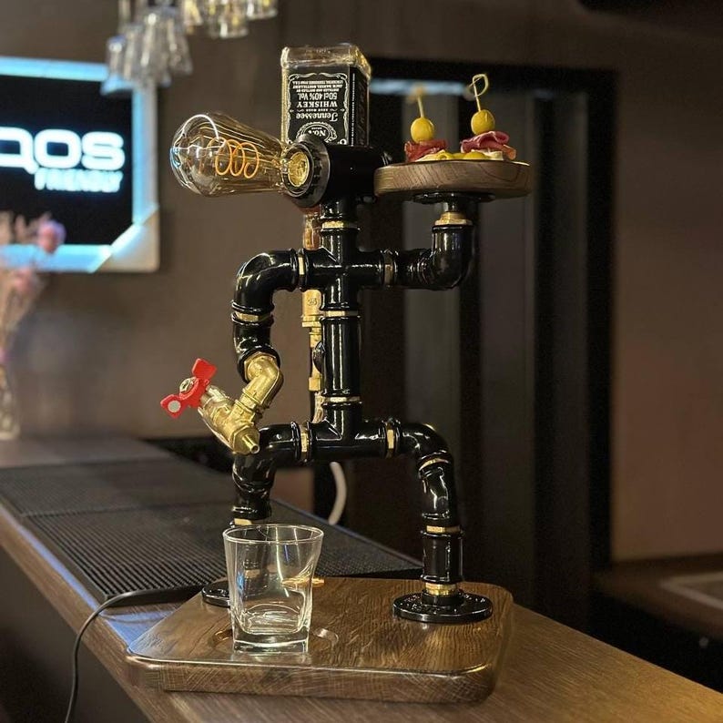 Metal Whiskey Dispenser With Edison Lamp and Serving Stand, Pouring ...
