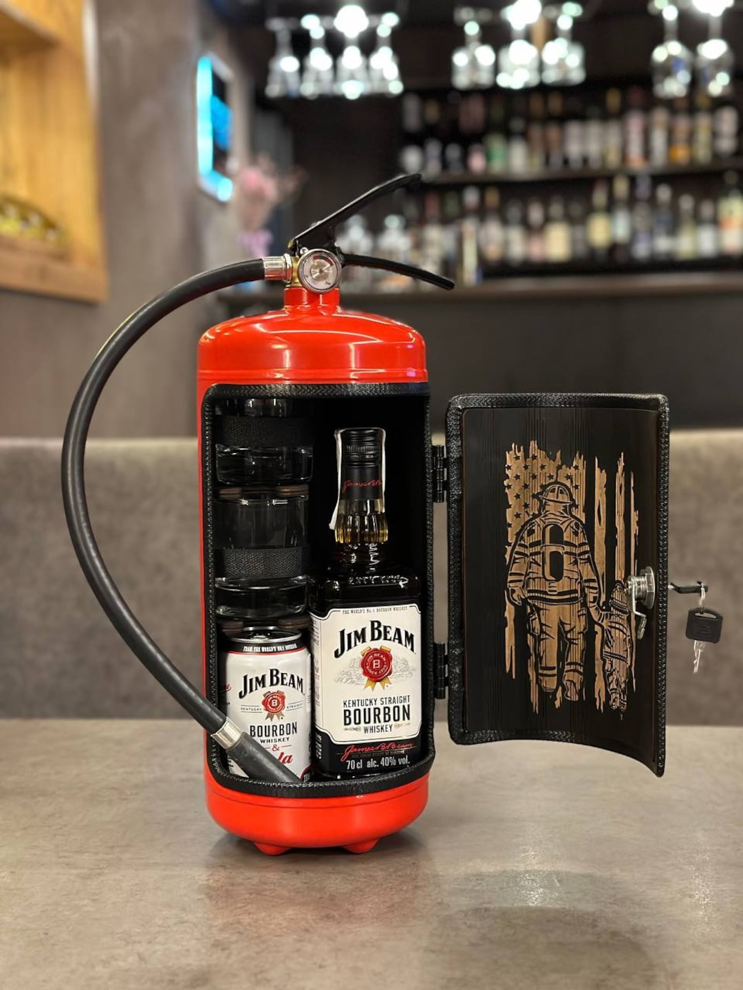Red Fire Extinguisher Bar With Personal Engraving, Whiskey Minibar for ...