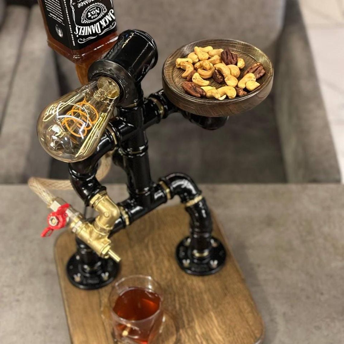 Metal Whiskey Dispenser With Edison Lamp and Serving Stand, Pouring ...