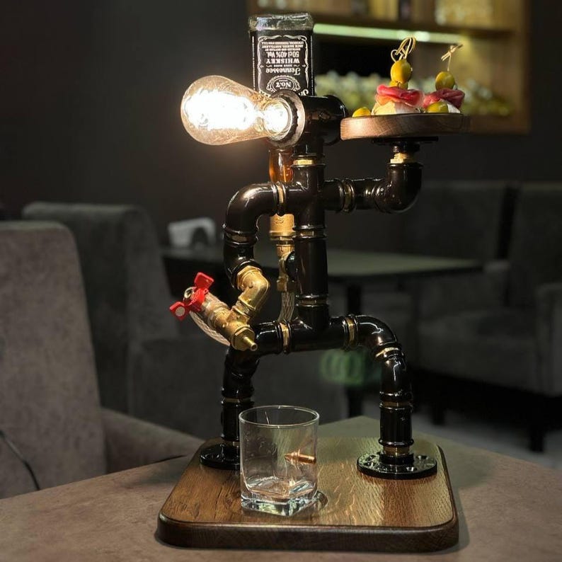 Metal Whiskey Dispenser With Edison Lamp and Serving Stand, Pouring ...
