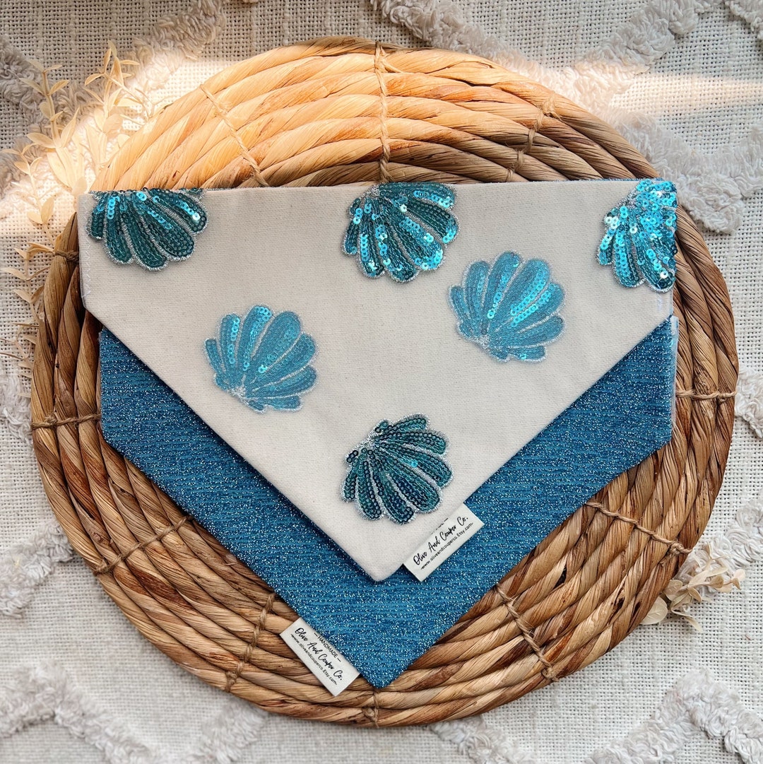 Luxury Bandana, Under the Sea, Sequin Blue Seashells, Sparkly Blue ...