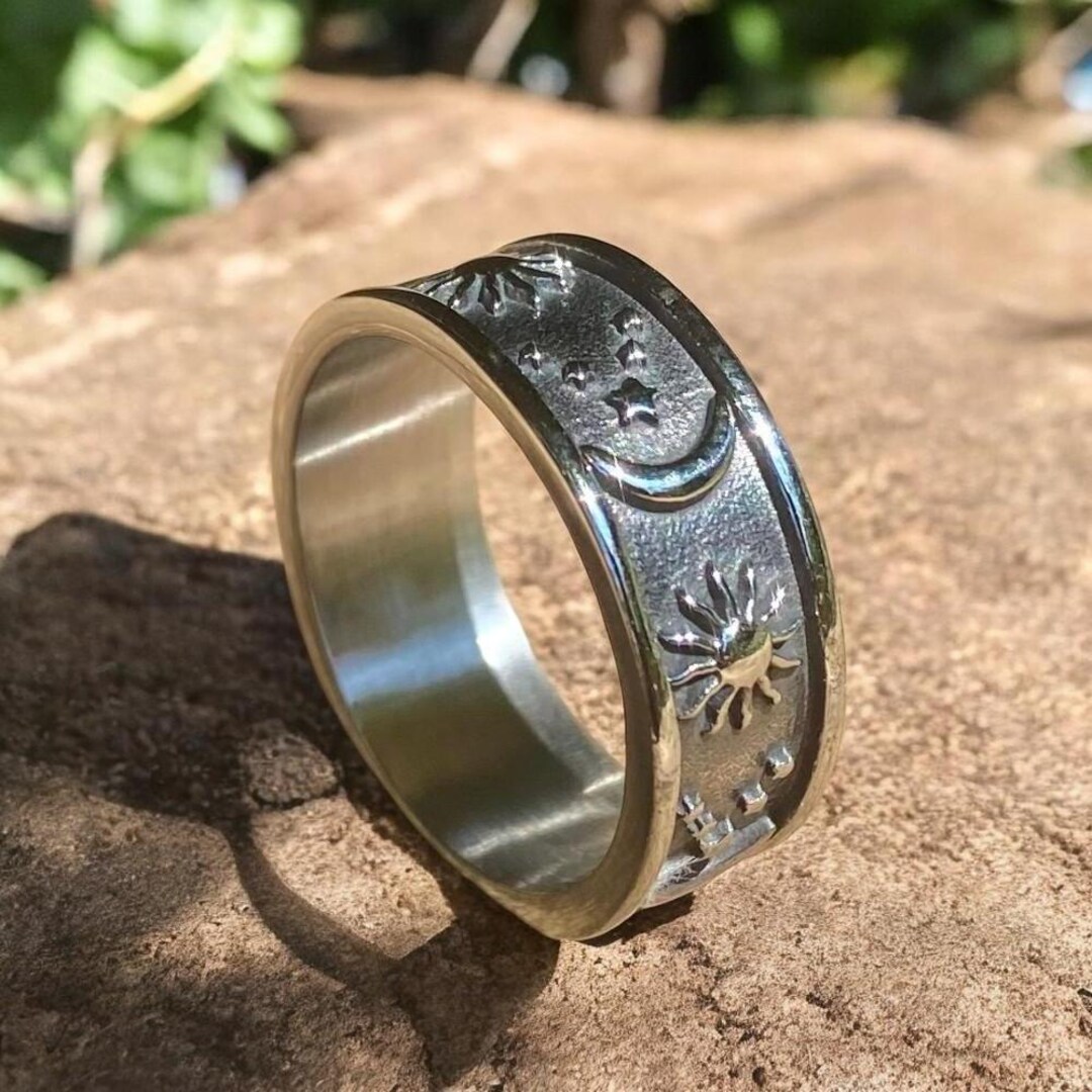 Silver Universe Pattern Ring, Stacking Rings, Moon and Stars Stainless ...
