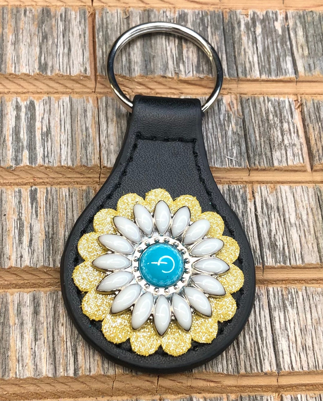 Turquoise Daisy Concho W/yellow Glitter Rosette Keychain - Smaller - Etsy