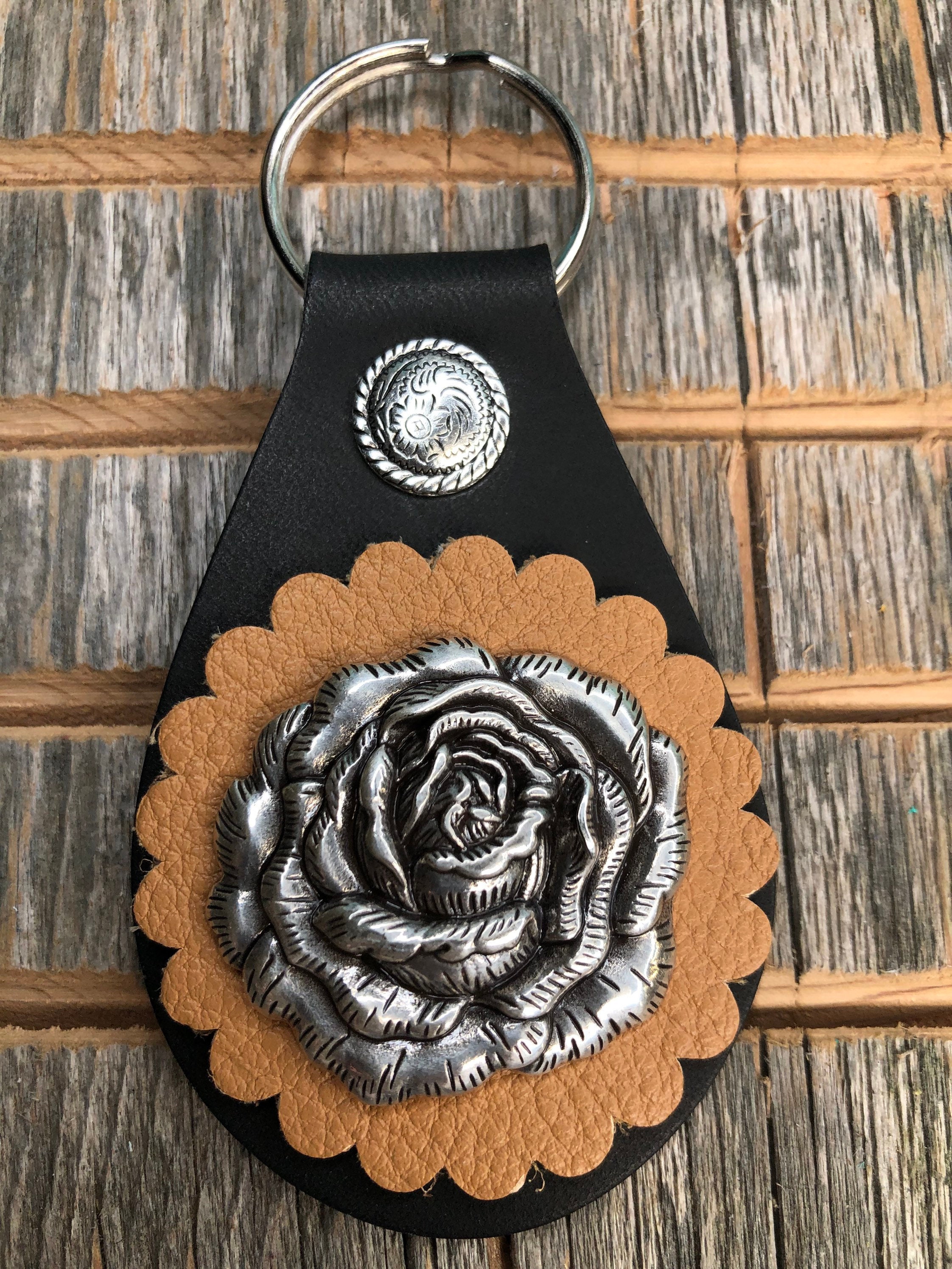 Antiqued Rose Concho W/camel Brown Rosette Keychain - Etsy