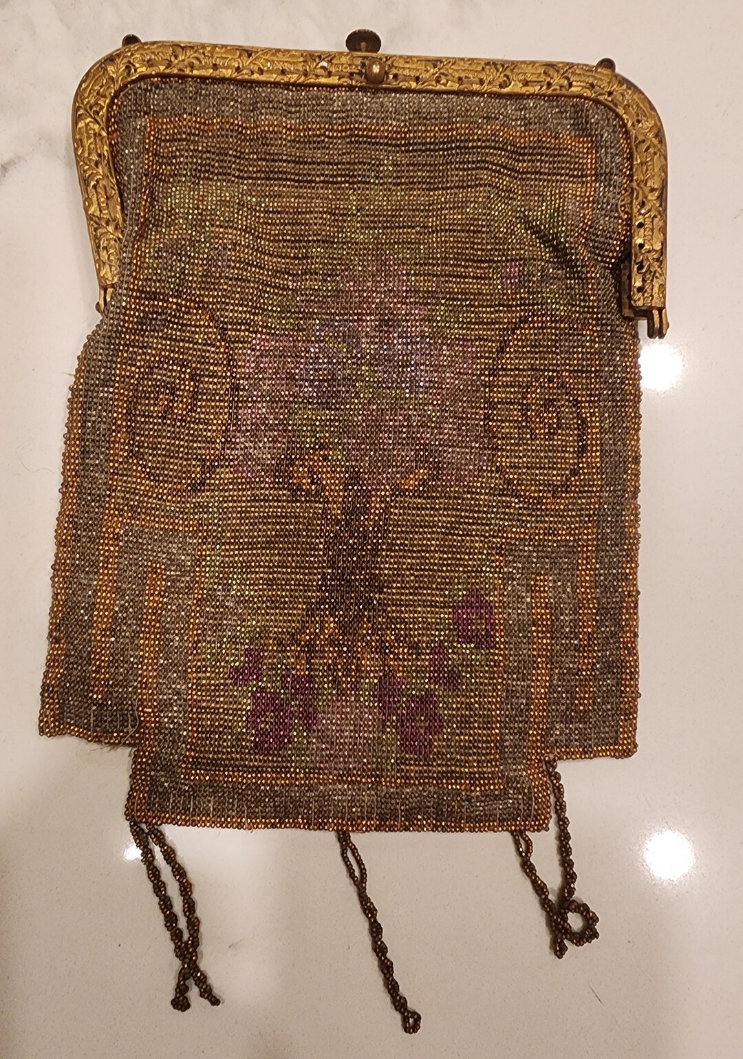 Antique 1880's - 1920s Gold and Green Deco Microbead Reticule Evening ...