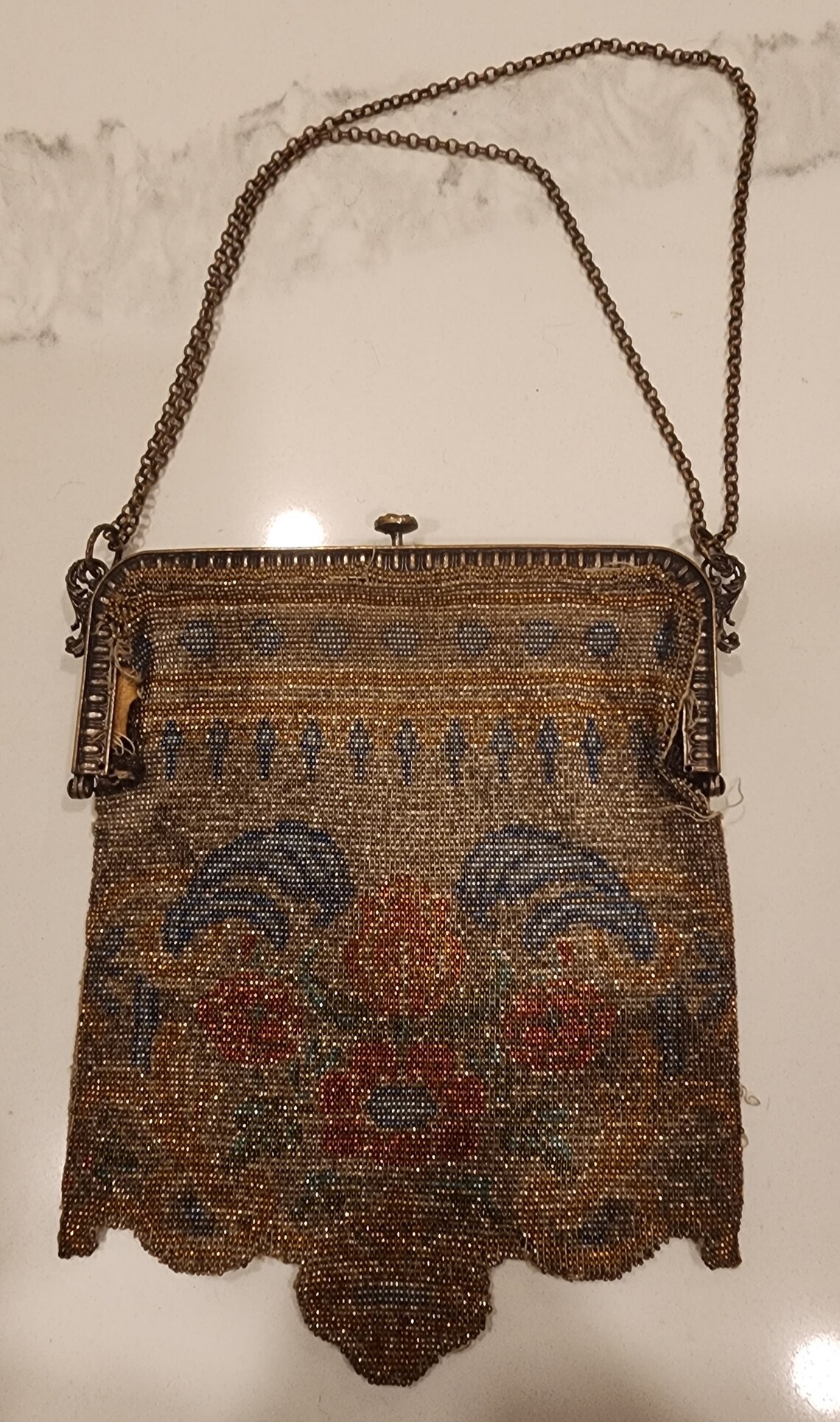 Antique 1880's - 1920s Gold Blue Floral Microbead Reticule Evening ...