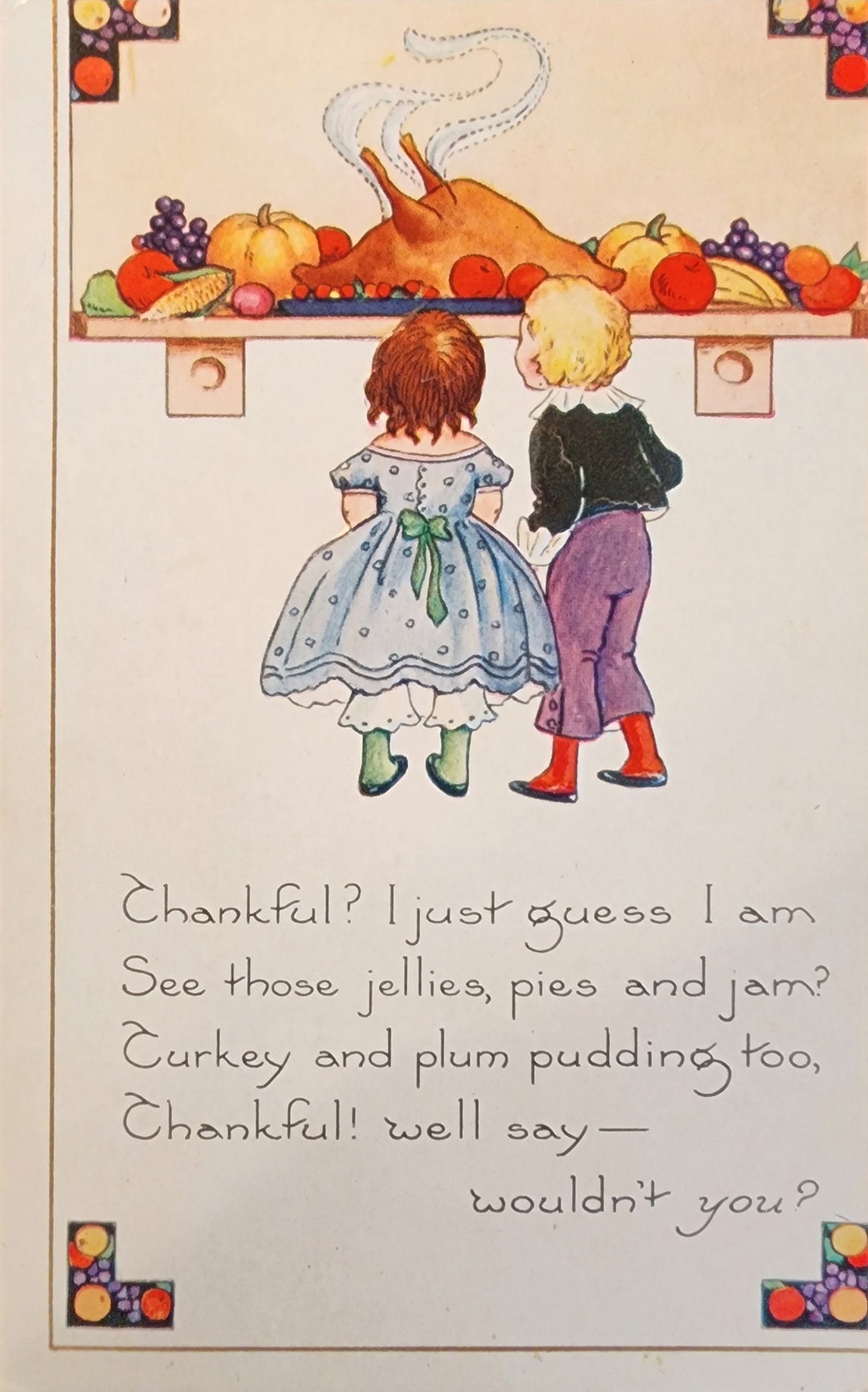 Vintage 1920s Thanksgiving Postcard. Two Children Looking at the Turkey ...