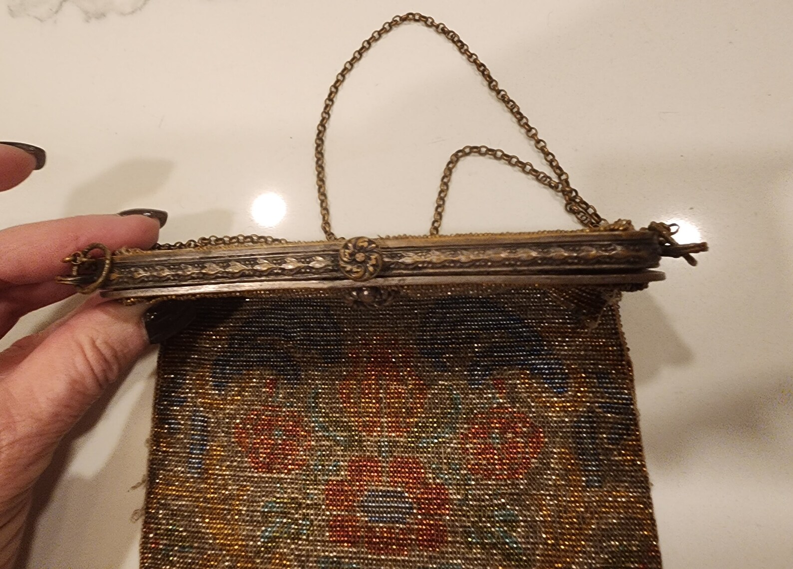 Antique 1880's - 1920s Gold Blue Floral Microbead Reticule Evening ...