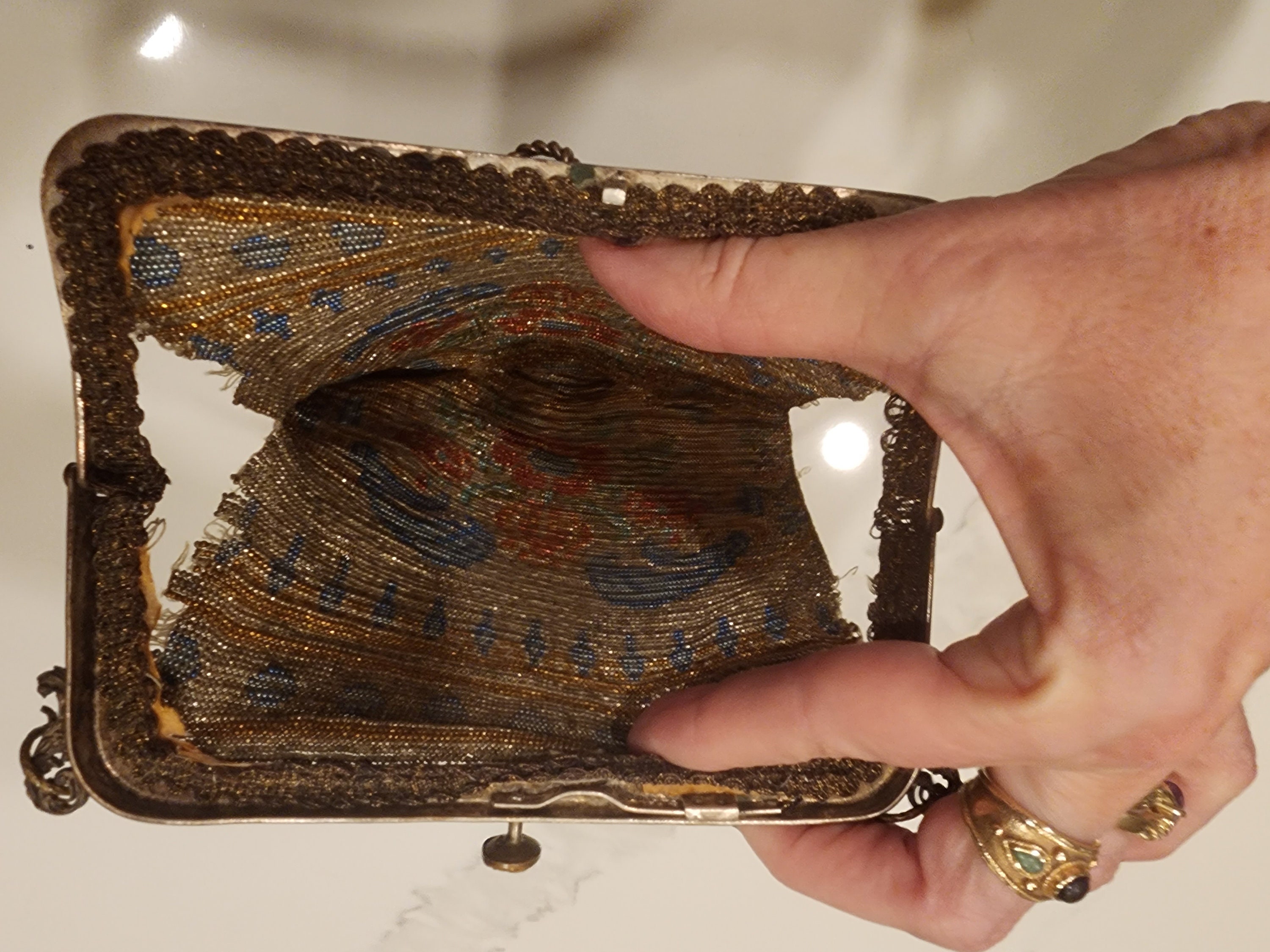 Antique 1880's - 1920s Gold Blue Floral Microbead Reticule Evening ...