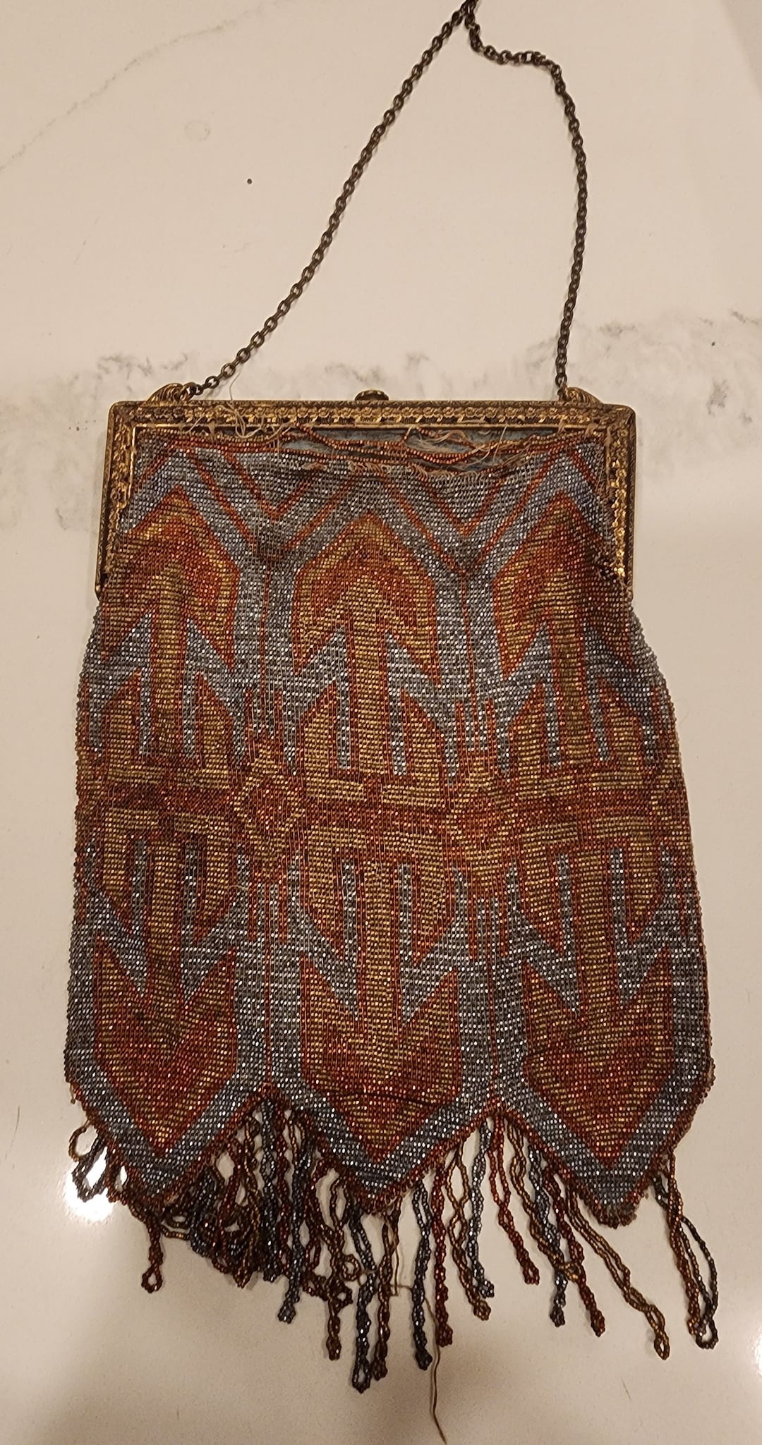 Antique 1880's - 1920s Orange Silver Geometric Microbead Reticule ...