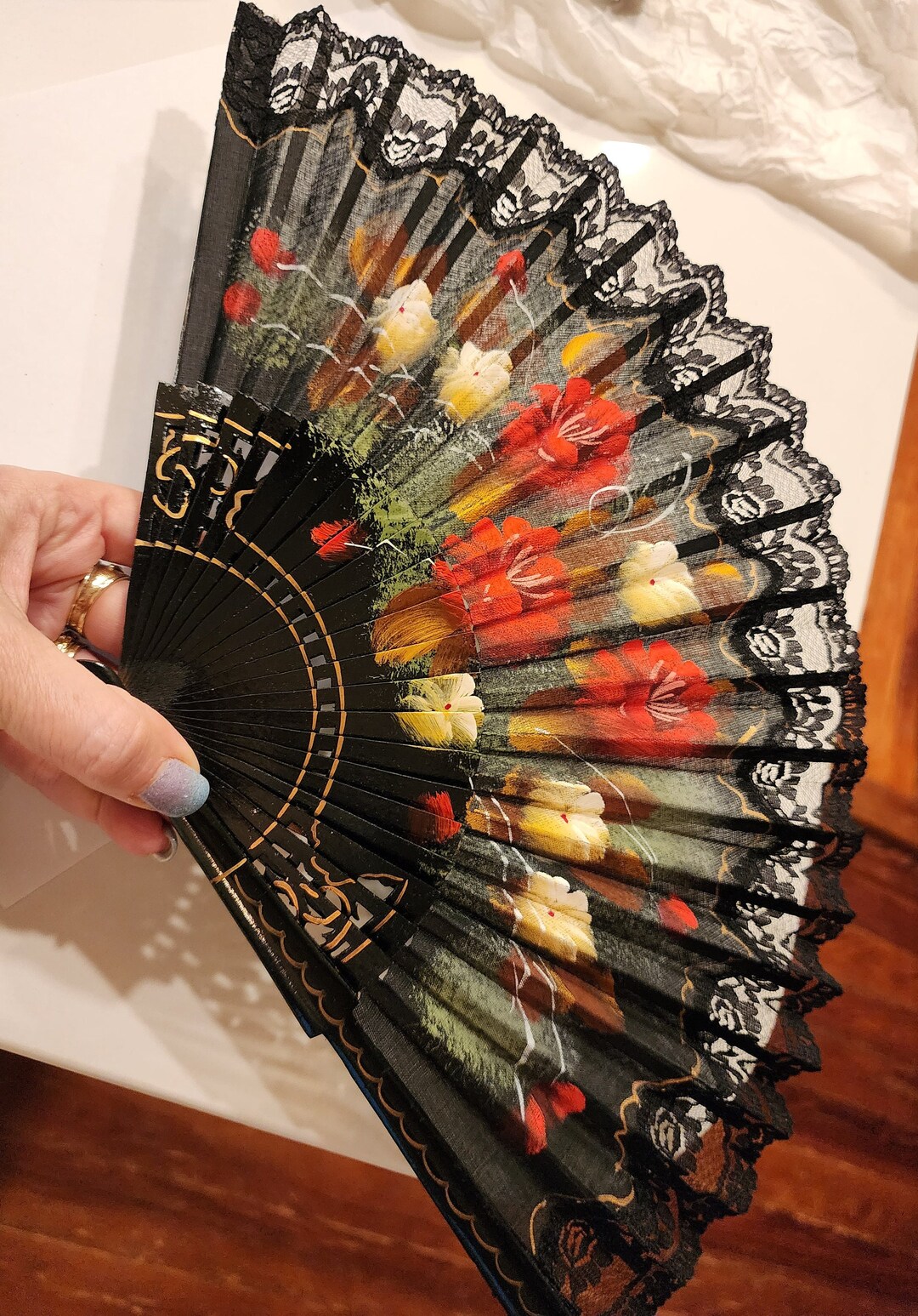 Vintage Painted Black Lace Trimmed Painted Folding Hand Fan - Etsy