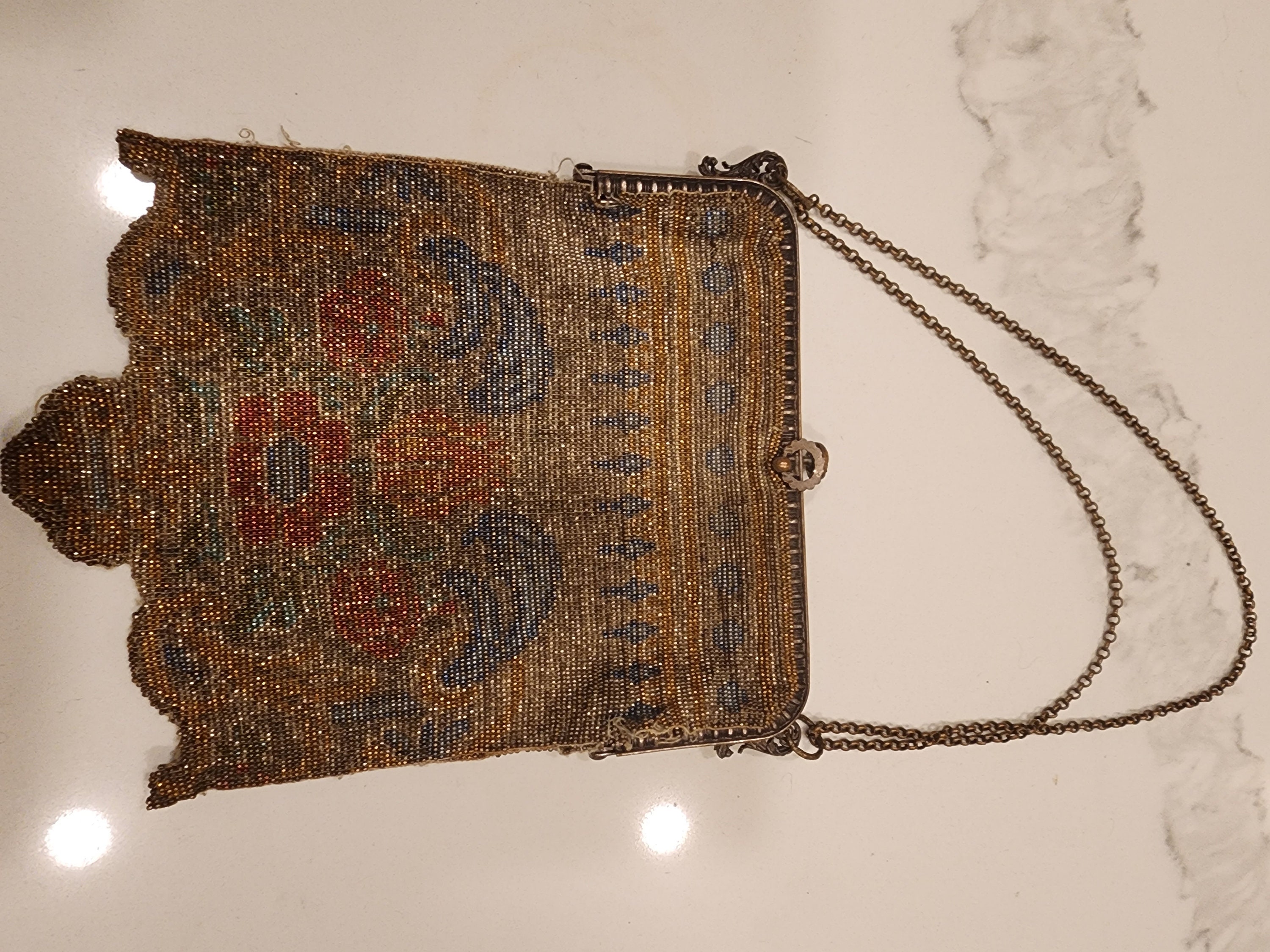 Antique 1880's - 1920s Gold Blue Floral Microbead Reticule Evening ...