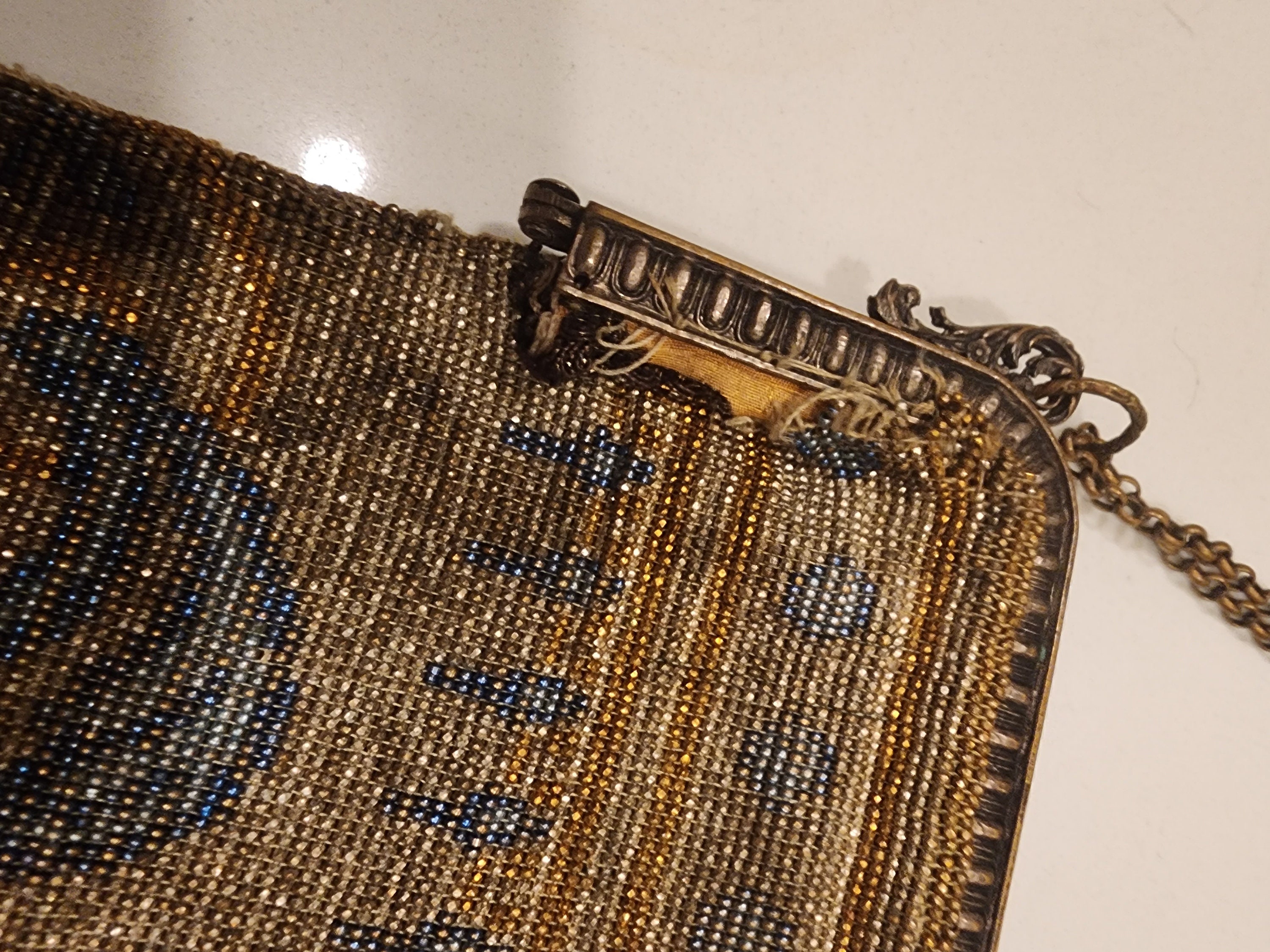 Antique 1880's - 1920s Gold Blue Floral Microbead Reticule Evening ...