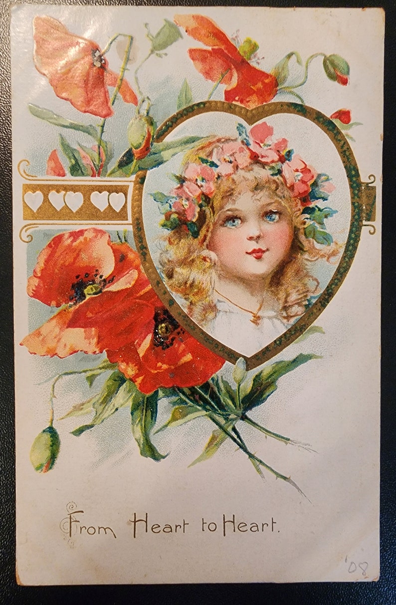 Vintage Valentines Postcard - Girl in Heart With Poppies - Etsy
