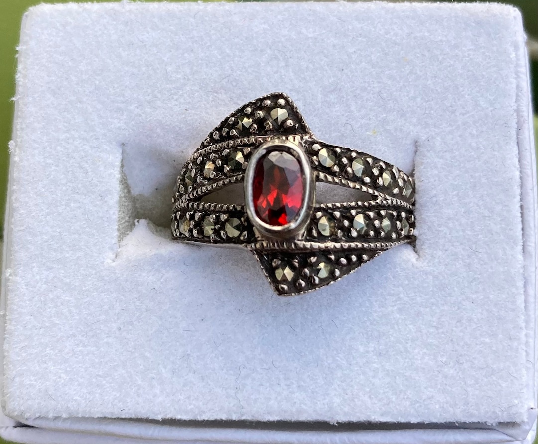 Sterling Silver Marcasite Ring With Red Jewel - Etsy