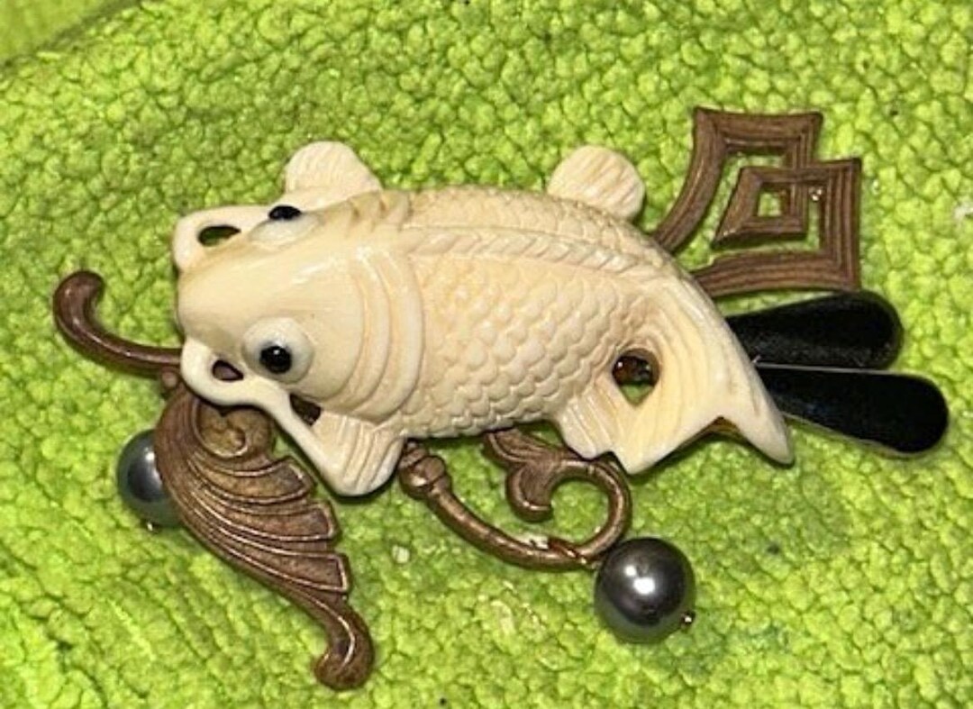 Antique Swim Carved Koi Fish Carp Bone Bead Brooch - Etsy