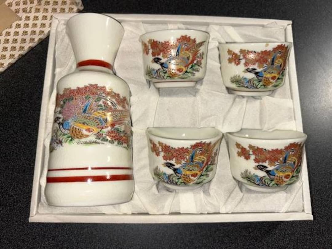 Vintage Japanese Porcelain Saki Set in Box Pheasant Birds - Etsy