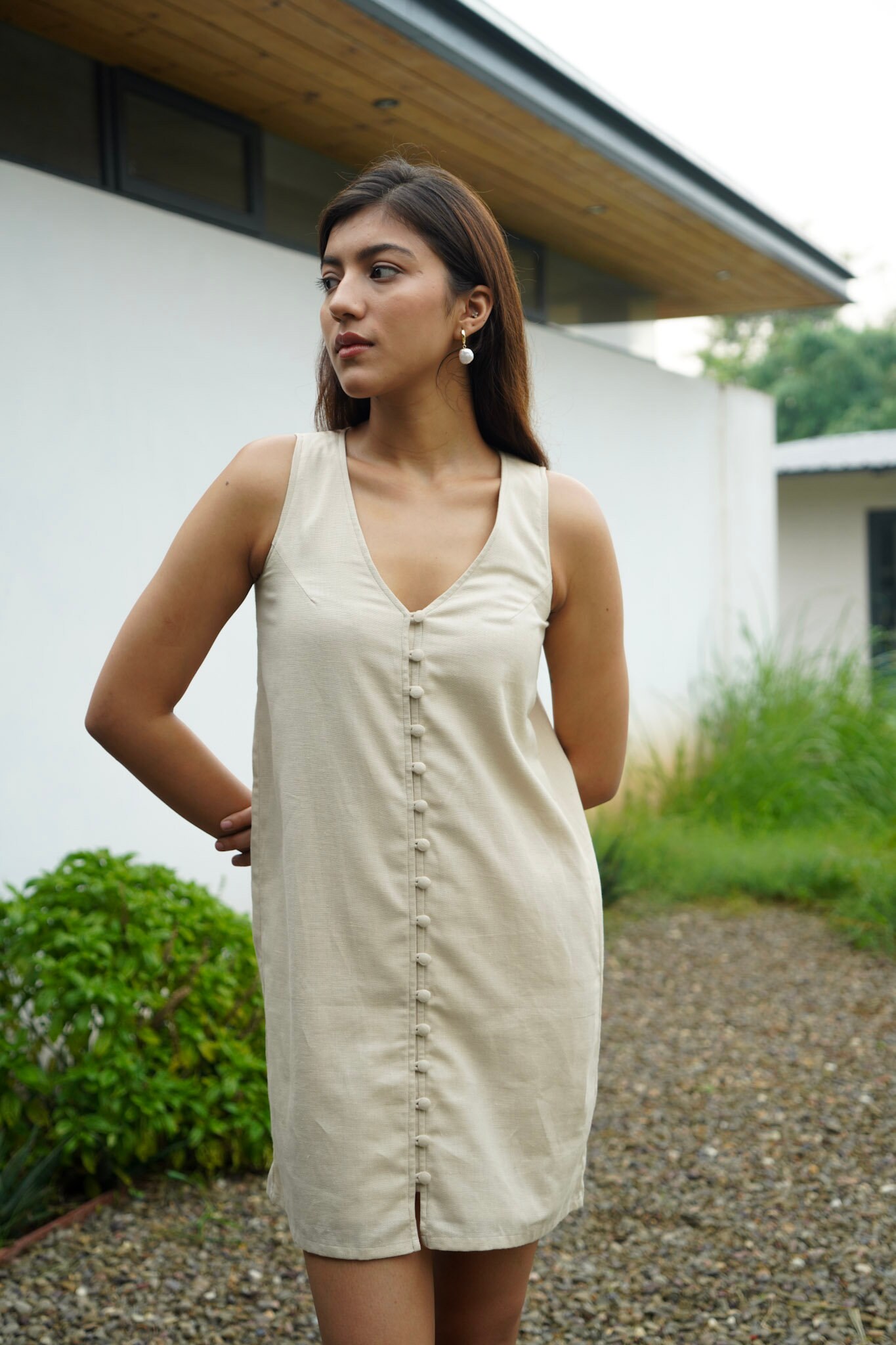 SARAH Linen Button-front Short Dress - Pearl | Made With 100% Pure ...