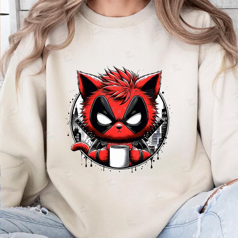PNG Grumpy Red Cat in Deadpool Costume Clipart Feline Comic Book Style ...