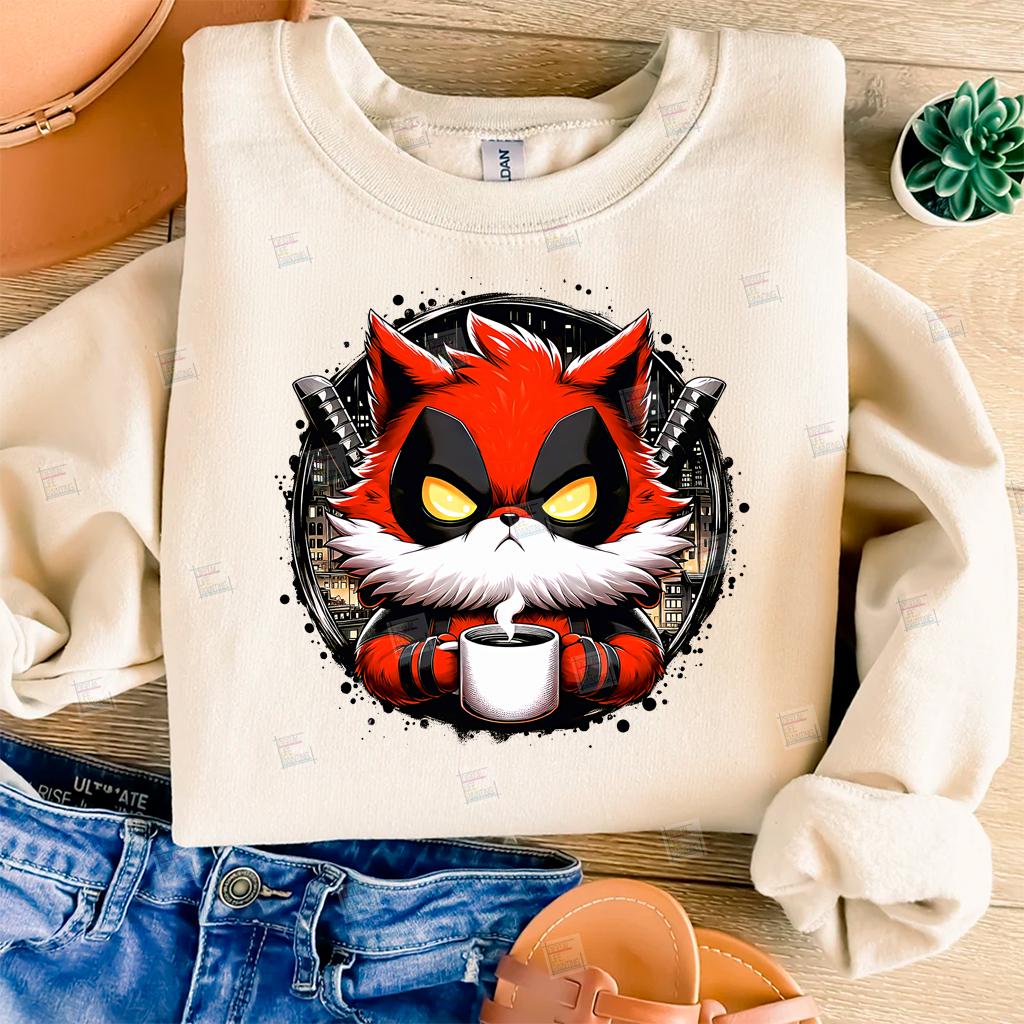 PNG Grumpy Red Cat in Deadpool Costume Clipart Feline Comic Book Style ...