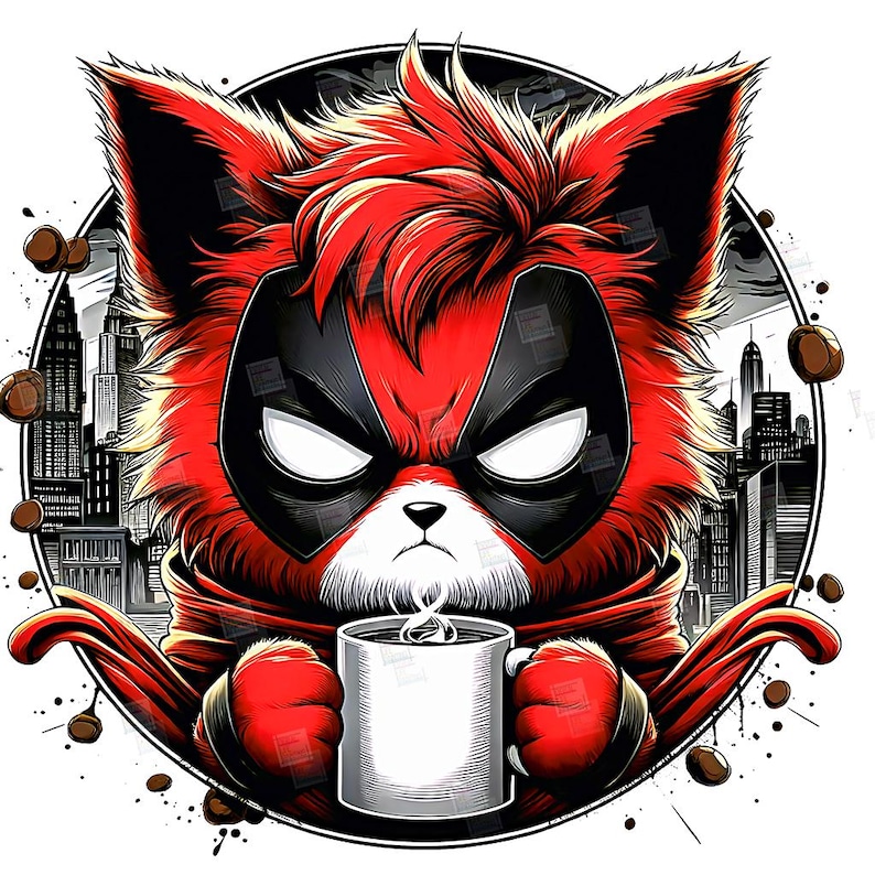 PNG Grumpy Red Cat in Deadpool Costume Clipart Feline Comic Book Style ...