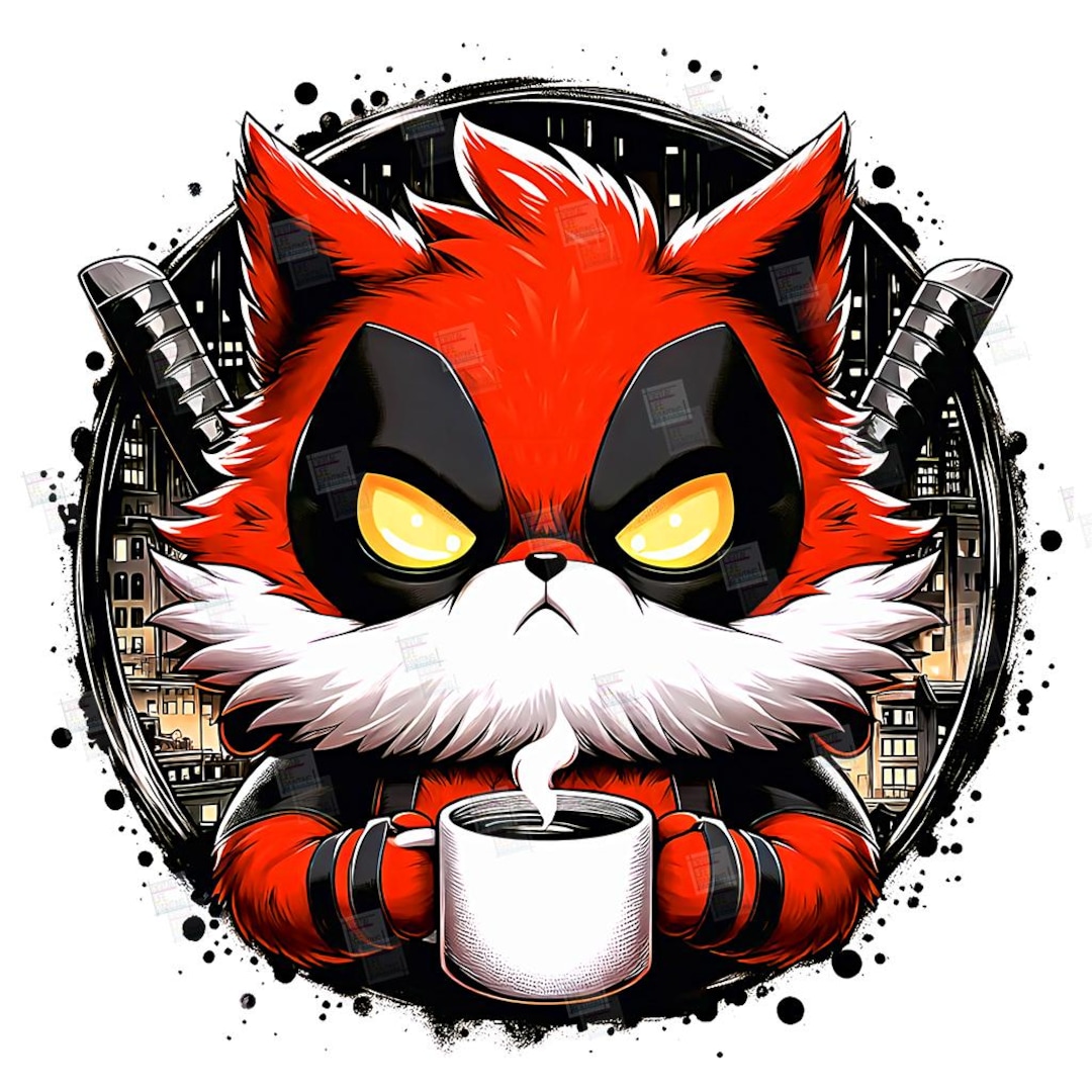 PNG Grumpy Red Cat in Deadpool Costume Clipart Feline Comic Book Style ...