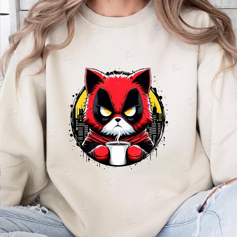PNG Grumpy Red Cat in Deadpool Costume Clipart Feline Comic Book Style ...