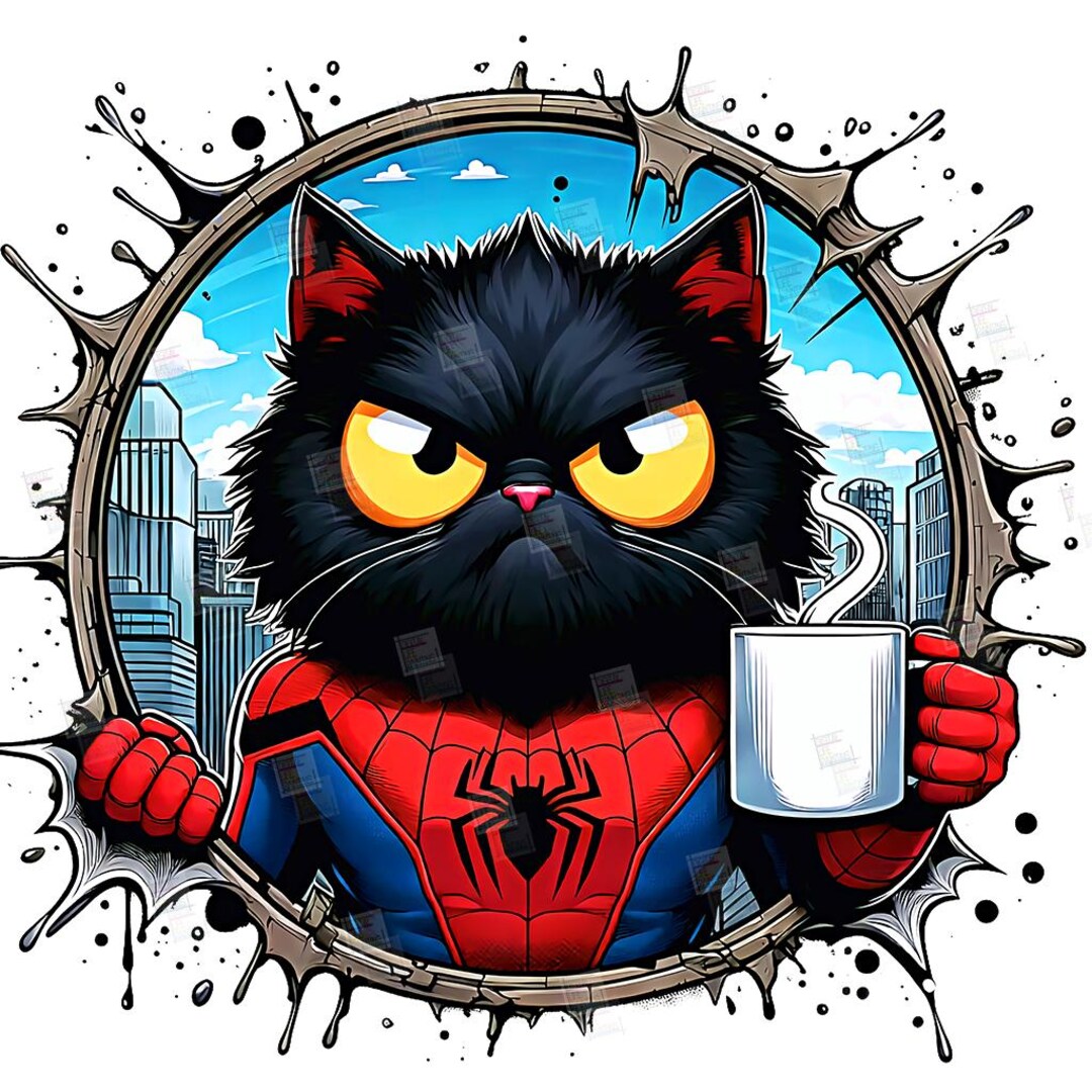 PNG Grumpy Black Cat but Spider Clipart Hero Feline Comic Book Kitty ...