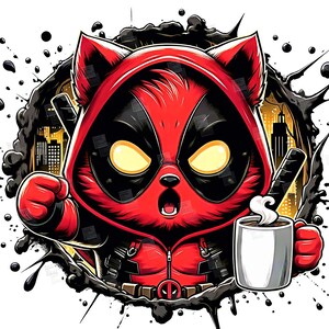 PNG Grumpy Red Cat in Deadpool Costume Clipart Feline Comic Book Style ...