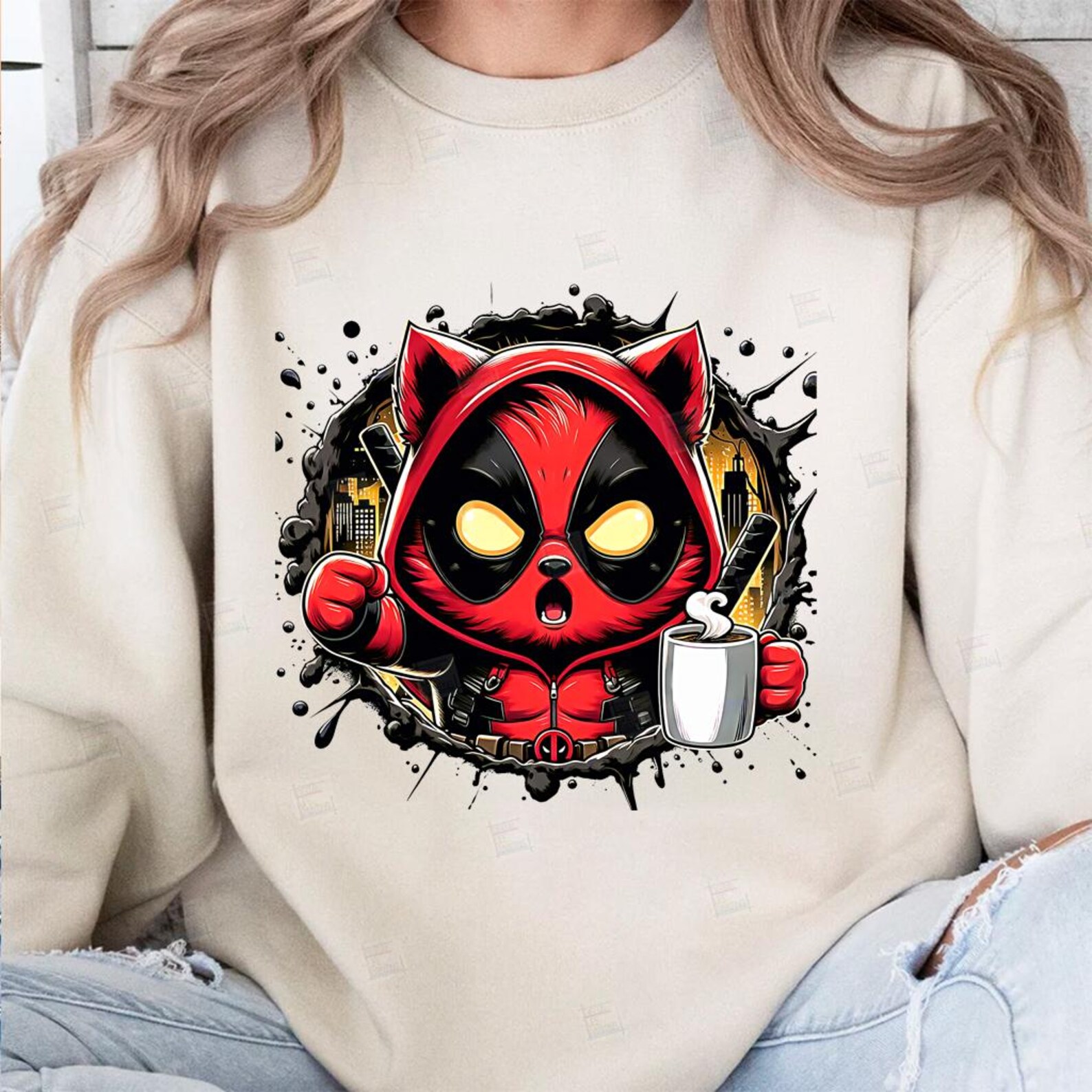 PNG Grumpy Red Cat in Deadpool Costume Clipart Feline Comic Book Style ...