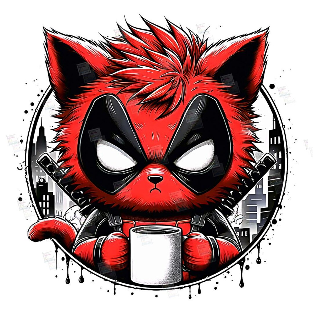 PNG Grumpy Red Cat in Deadpool Costume Clipart Feline Comic Book Style ...