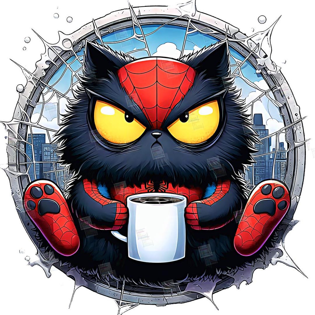 PNG Grumpy Black Cat but Spider Clipart Hero Feline Comic Book Kitty ...