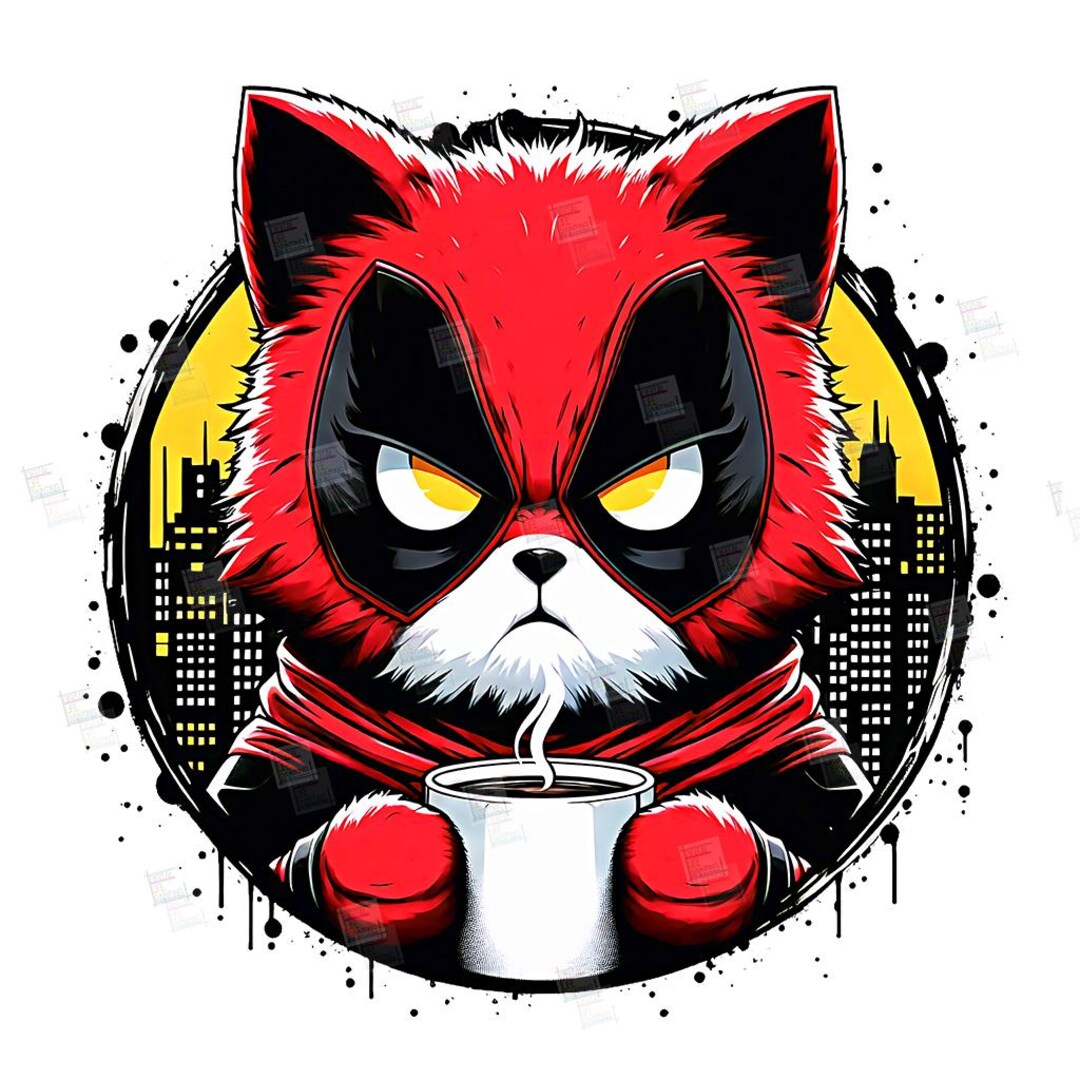 PNG Grumpy Red Cat in Deadpool Costume Clipart Feline Comic Book Style ...