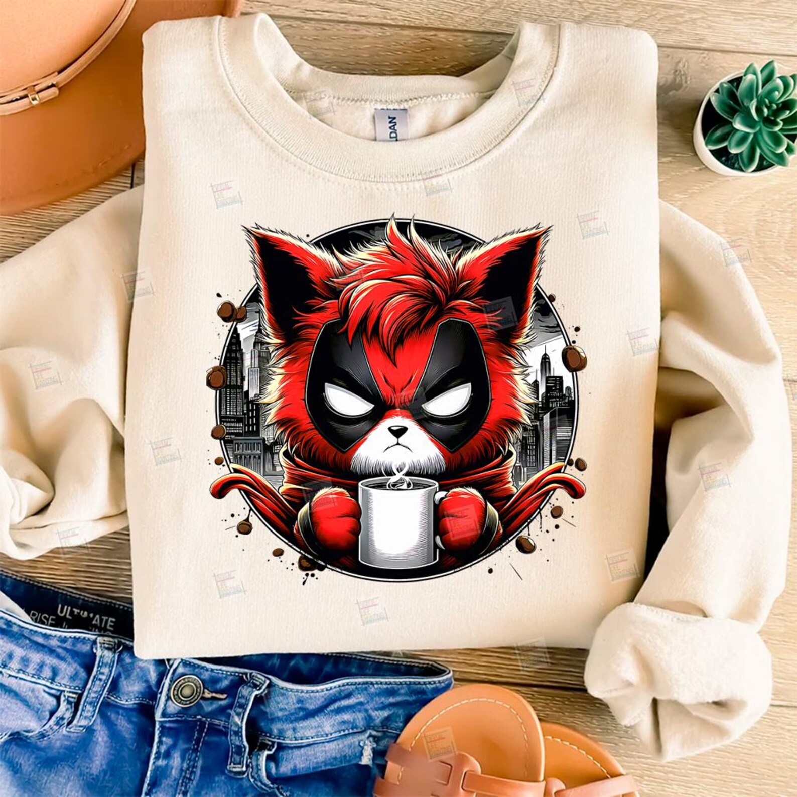 PNG Grumpy Red Cat in Deadpool Costume Clipart Feline Comic Book Style ...