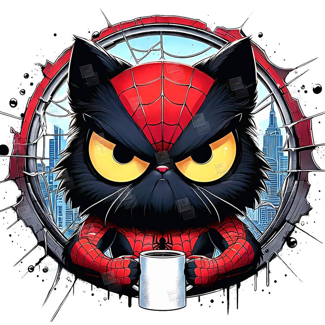 PNG Grumpy Black Cat but Spider Clipart Hero Feline Comic Book Kitty ...